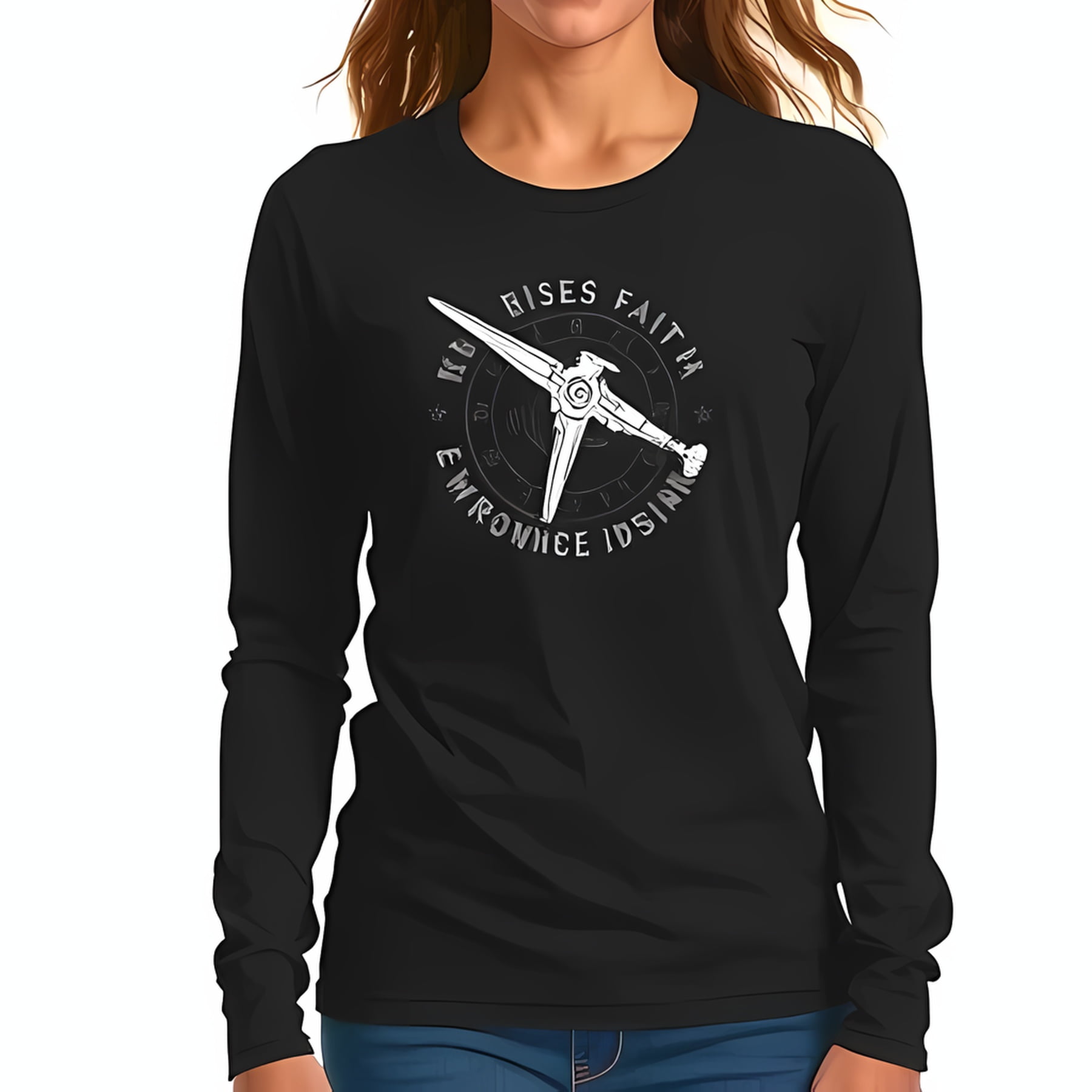 Stylish Black Long Sleeve T-Shirt with Circular Aircraft Design and ...