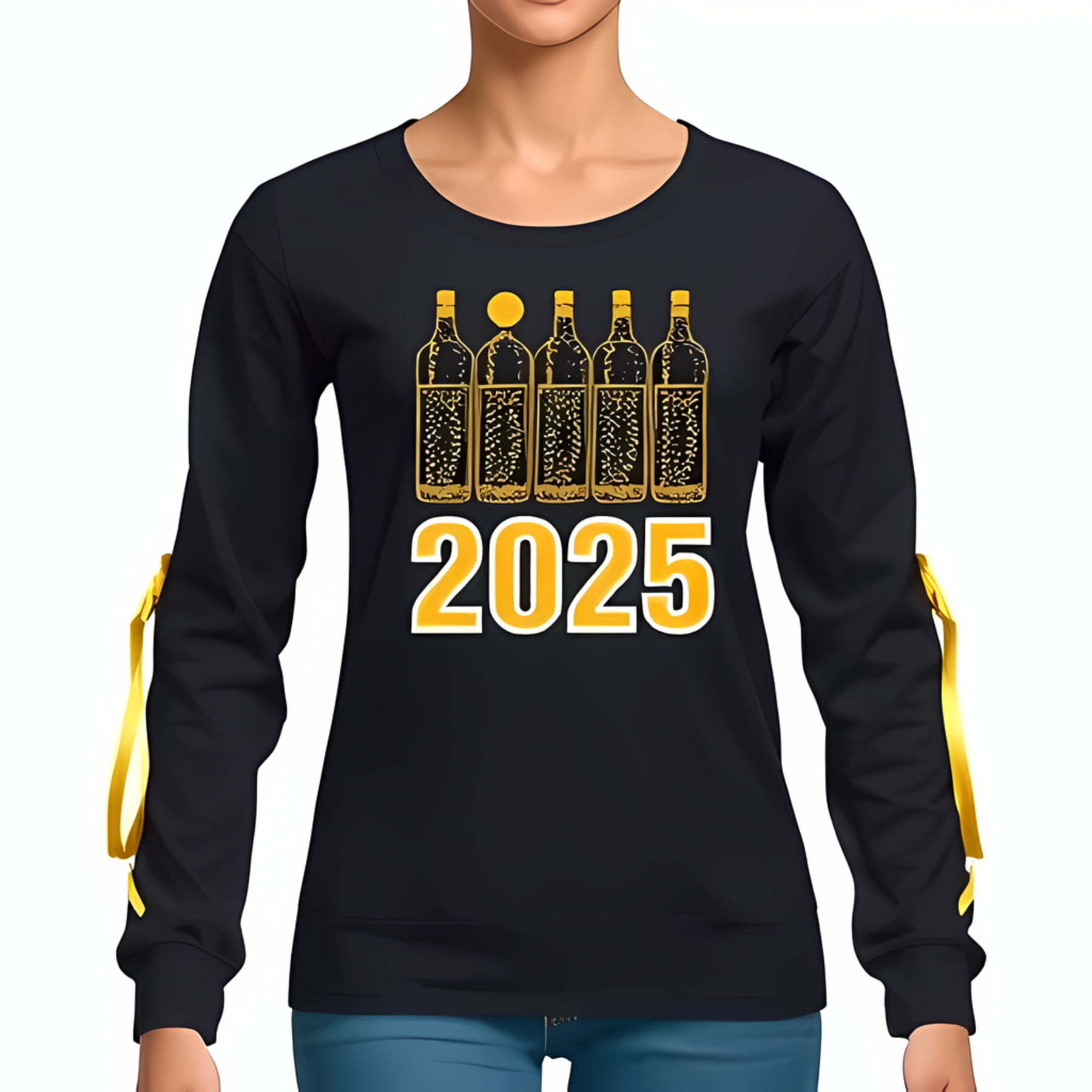 Stylish Black Long Sleeve T-Shirt with Golden Bottles Design for 2025 ...
