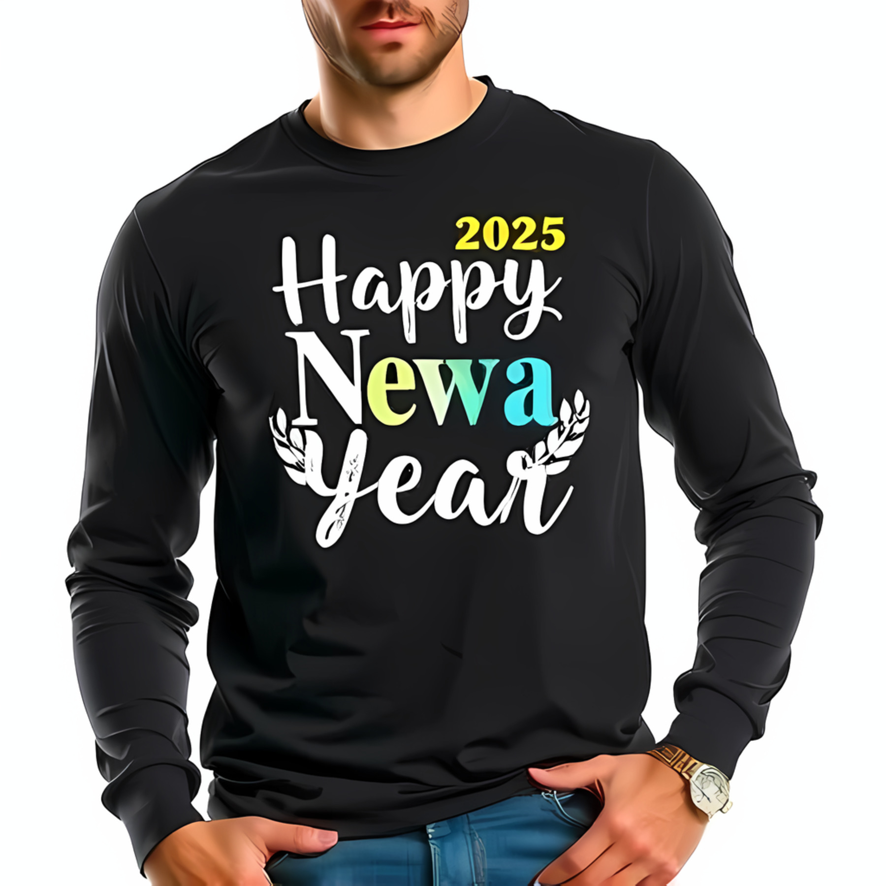 Stylish Black Long Sleeve T-Shirt with 'Happy New Year 2025' Design ...