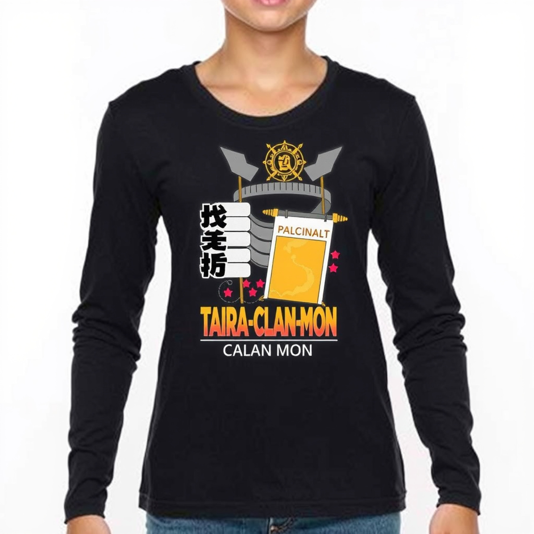 Stylish Black Long Sleeve T-Shirt with Japanese-Inspired Graphic Design ...
