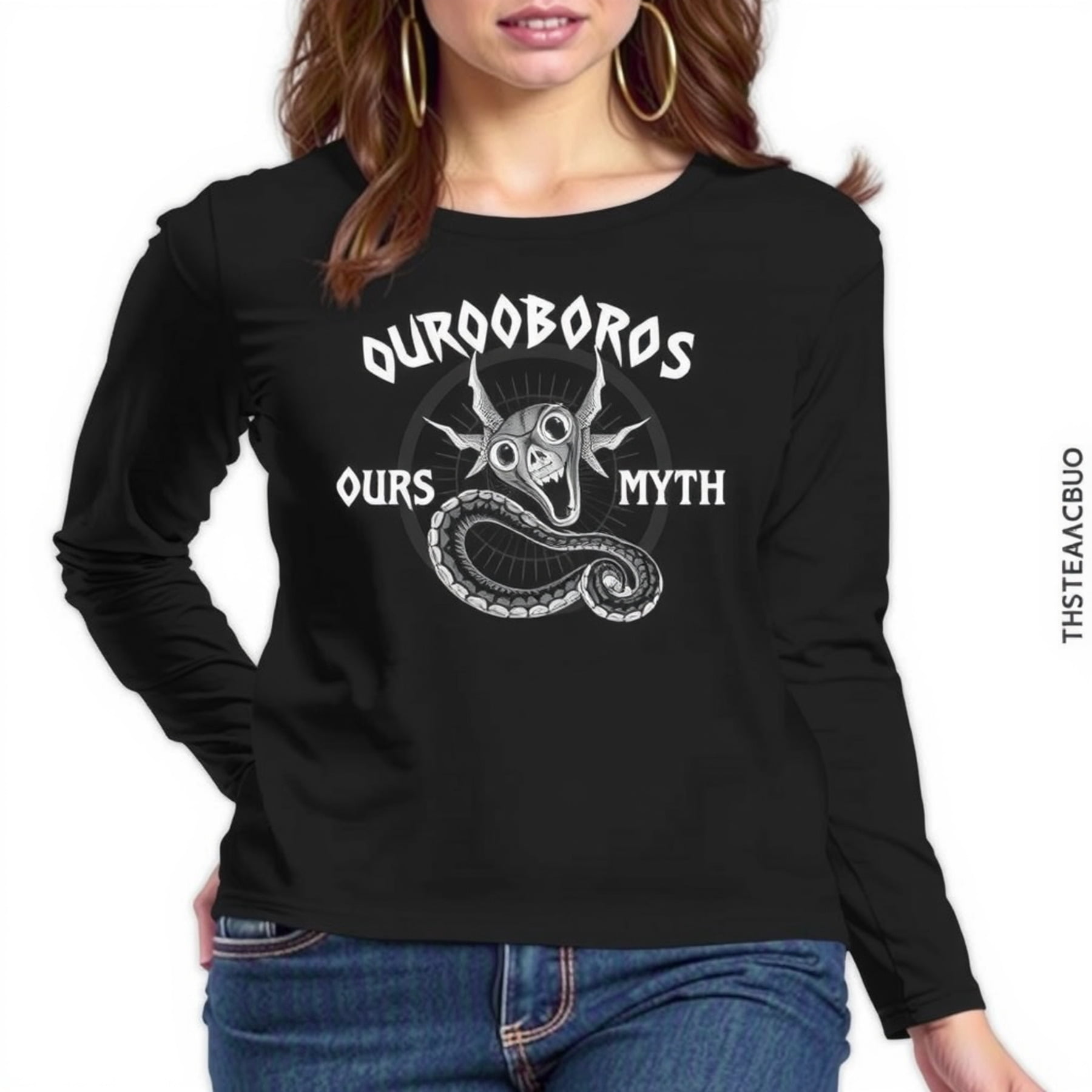 Stylish Black Long Sleeve T-Shirt with Skeletal Ouroboros Graphic ...