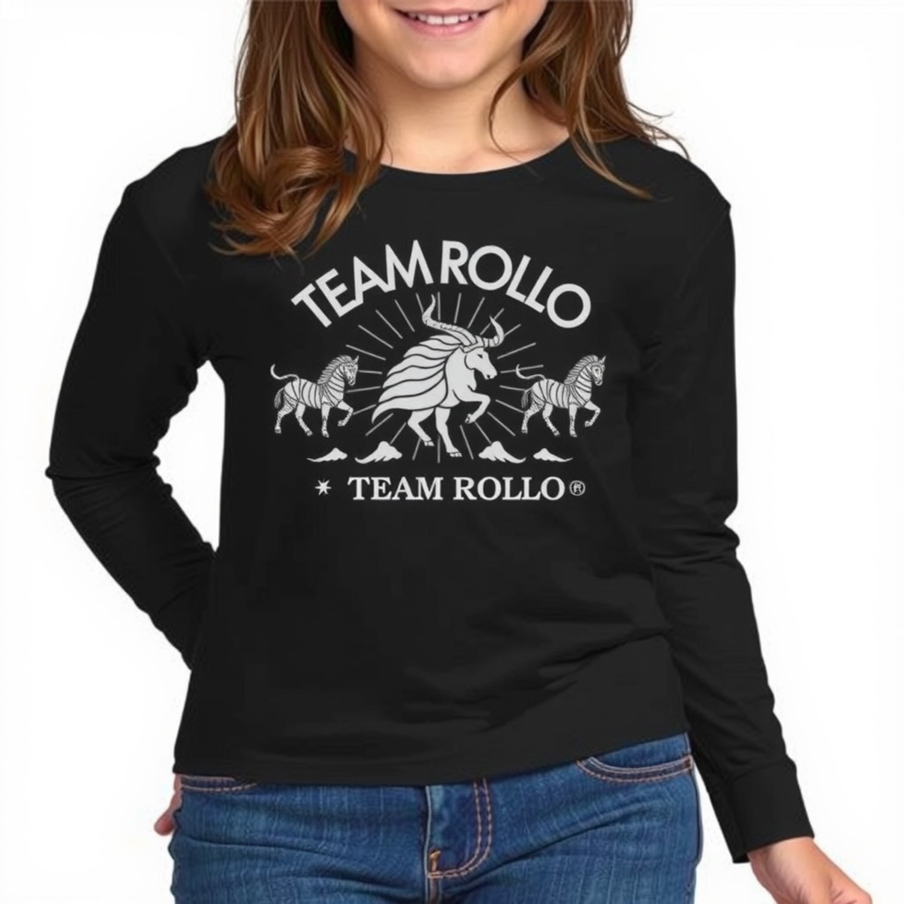 Stylish Black Long Sleeve T-Shirt with 'TEAM ROLLO' Graphic Antelope ...