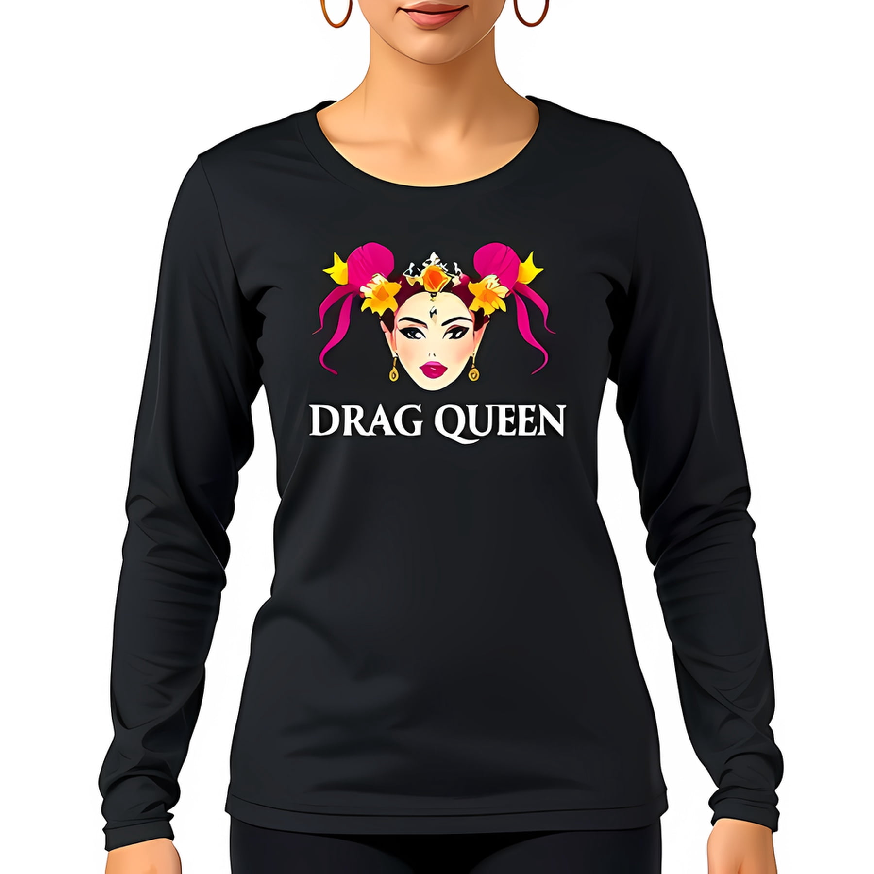 Stylish Black Long Sleeve T-Shirt with Vibrant Drag Queen Graphic ...