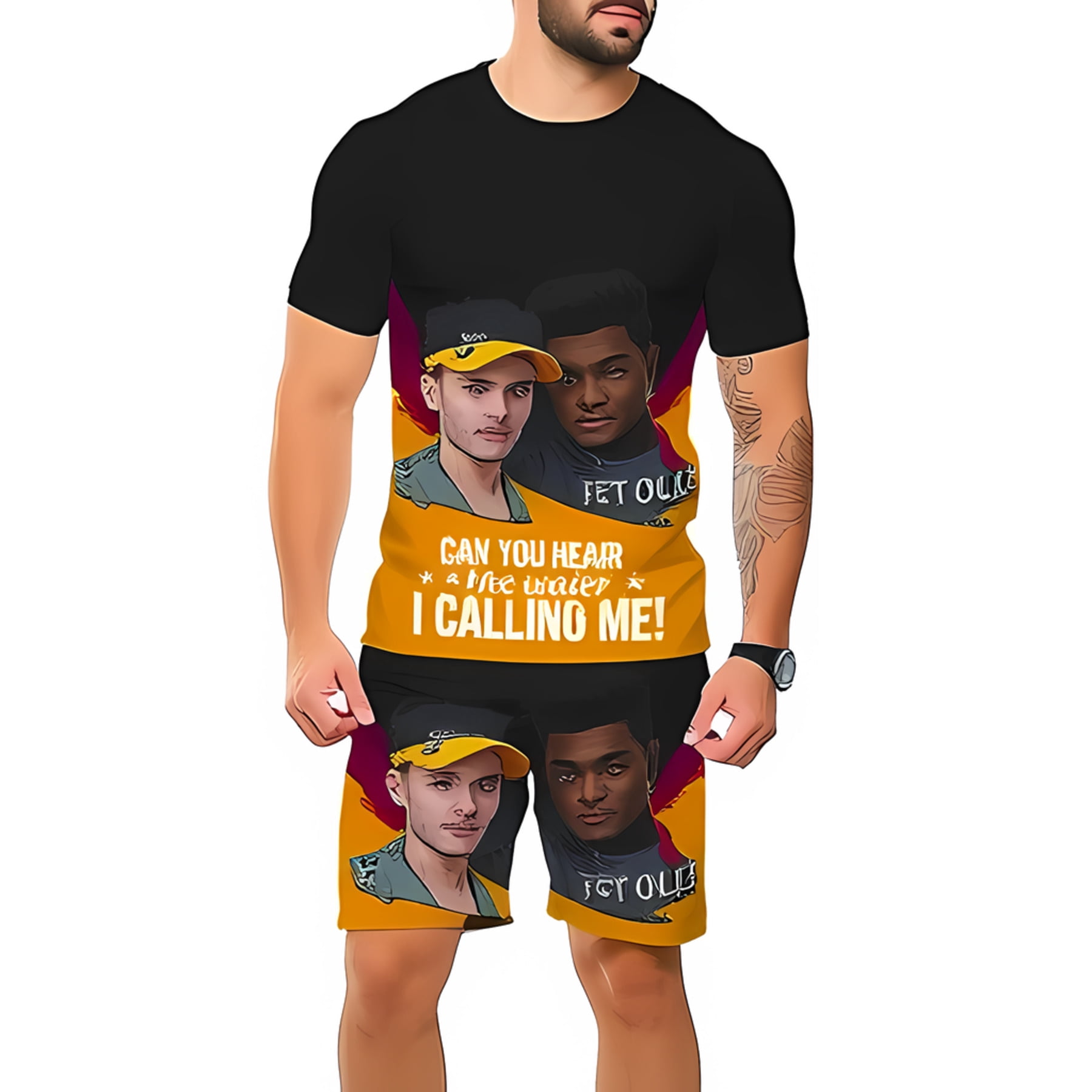 Stylish Black & Mustard Yellow Graphic T-Shirt & Shorts Set - Bold ...