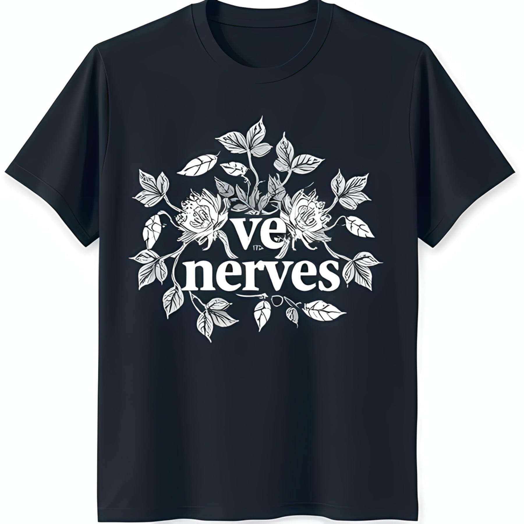 Stylish Black Neck T-Shirt with Centered Floral Line Drawing & 've ...