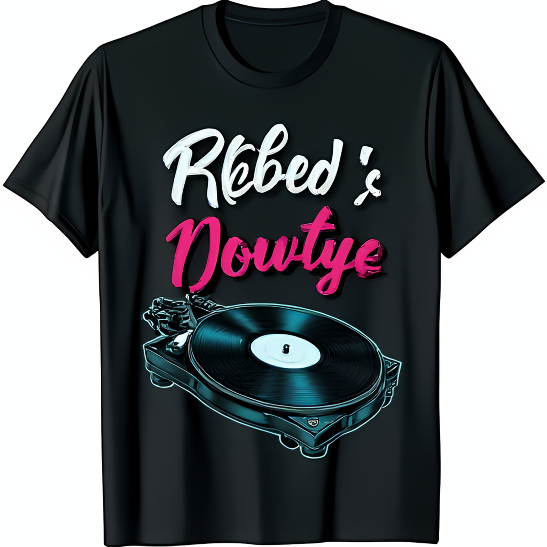 Stylish Black Neck T-Shirt with Detailed Record Player Graphic ...