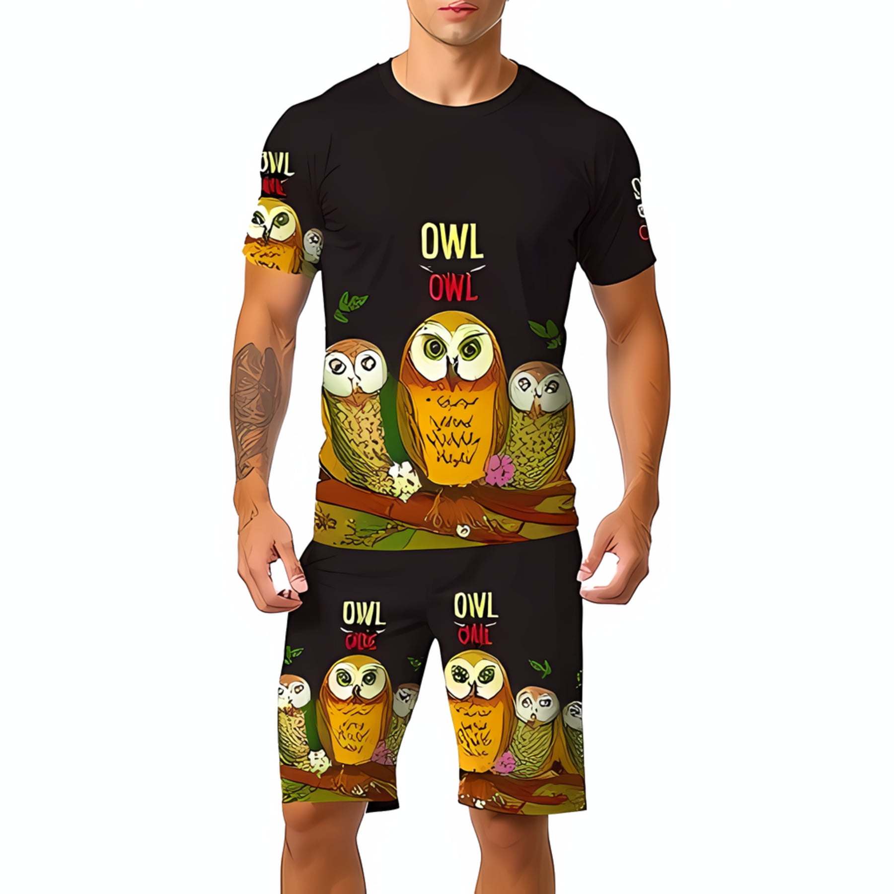 Stylish Black Owl Print T-Shirt and Shorts Set - Whimsical Owl Design ...