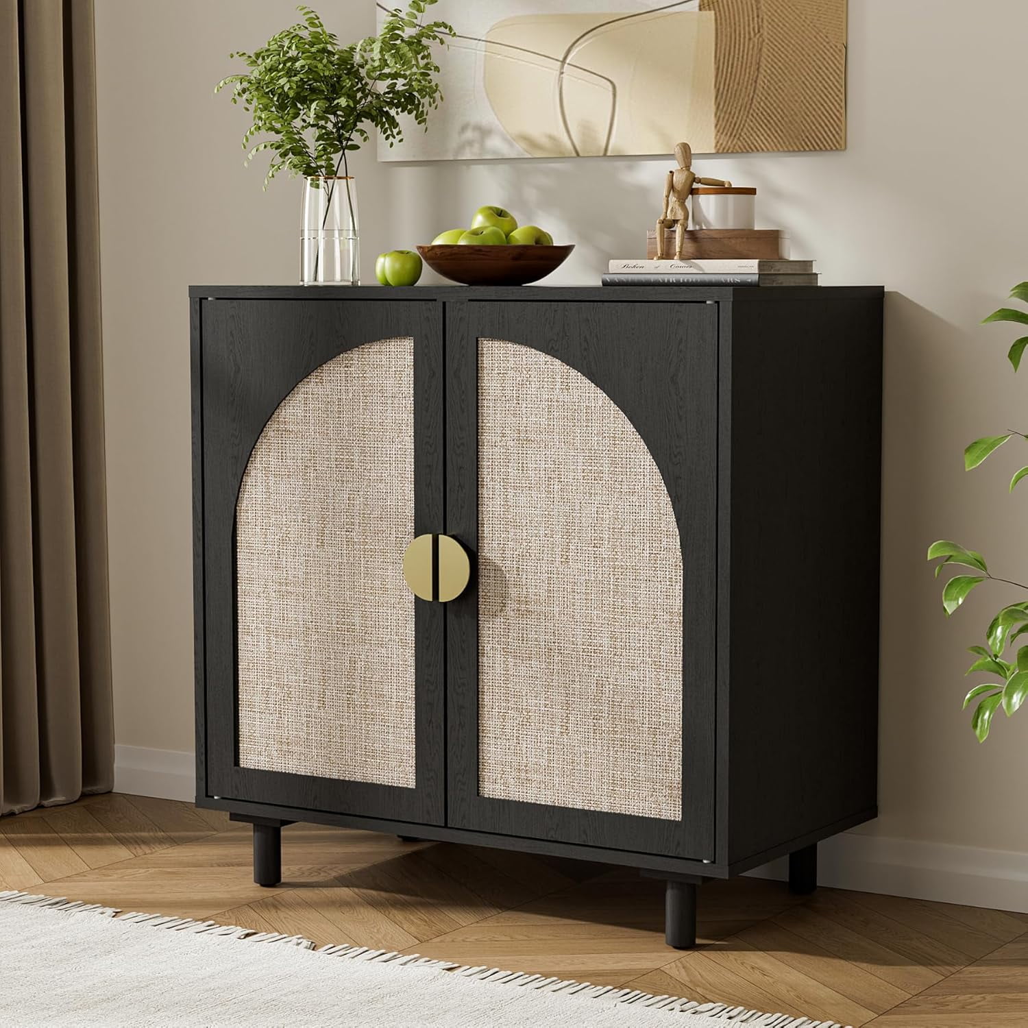 Stylish Black Rattan Sideboard Buffet Cabinet with Doors and Shelf ...