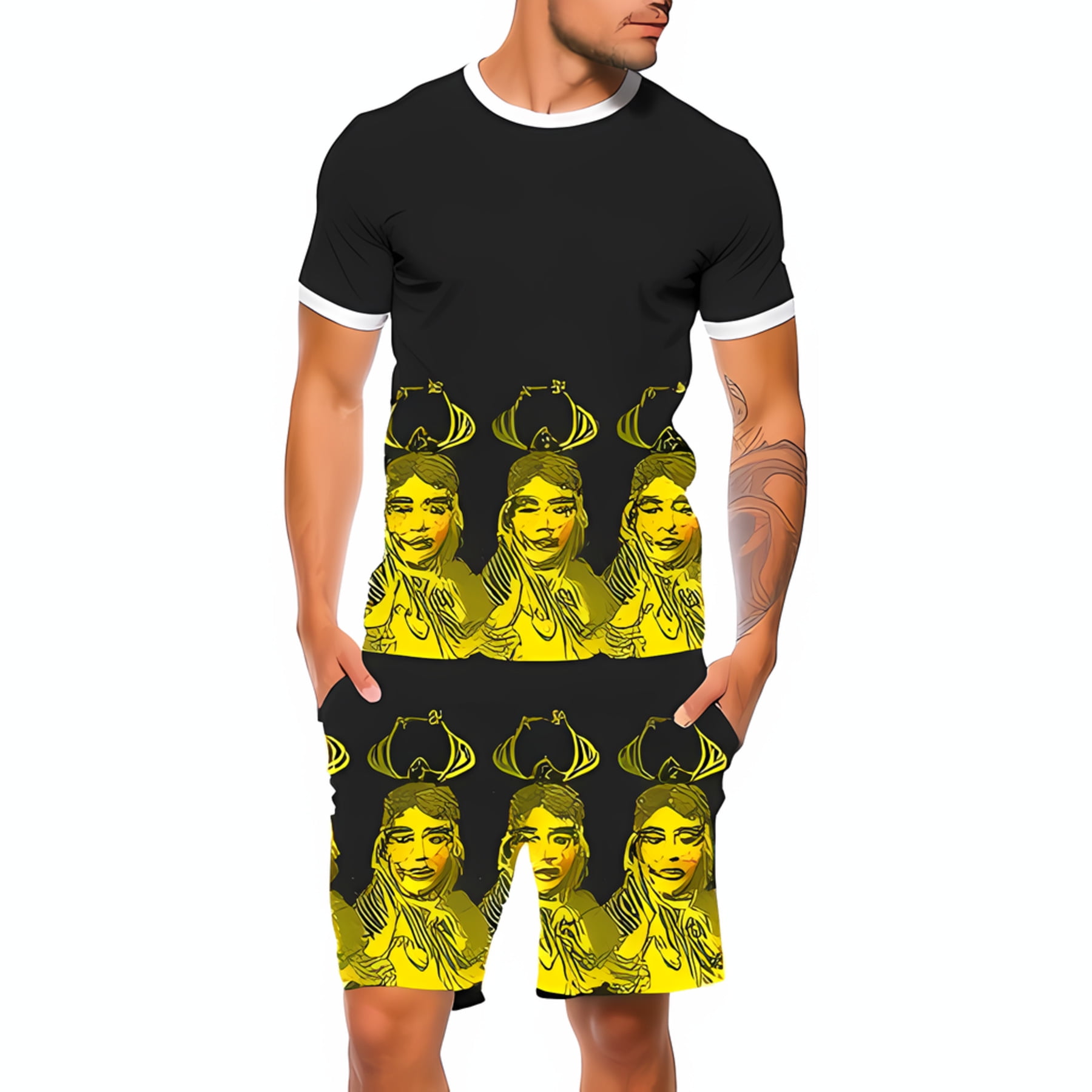 Stylish Black Ringer T-Shirt & Shorts Set with Vibrant Yellow Mask ...