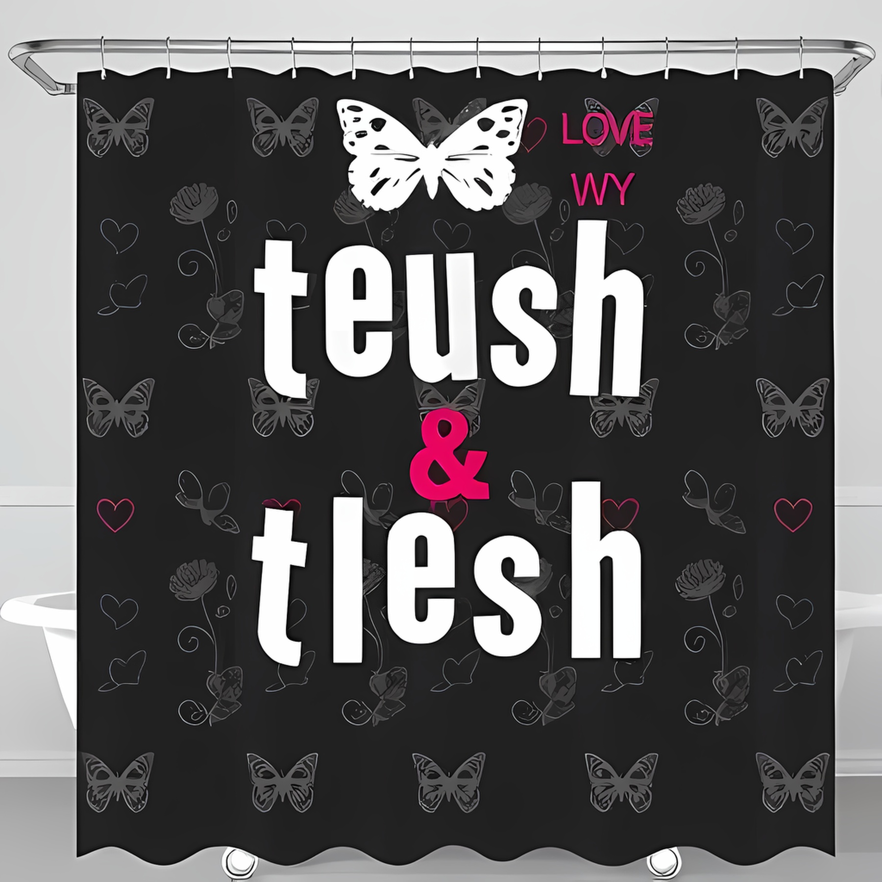 Stylish Black Shower Curtain with Grey Butterflies Pink Hearts & "teush ...