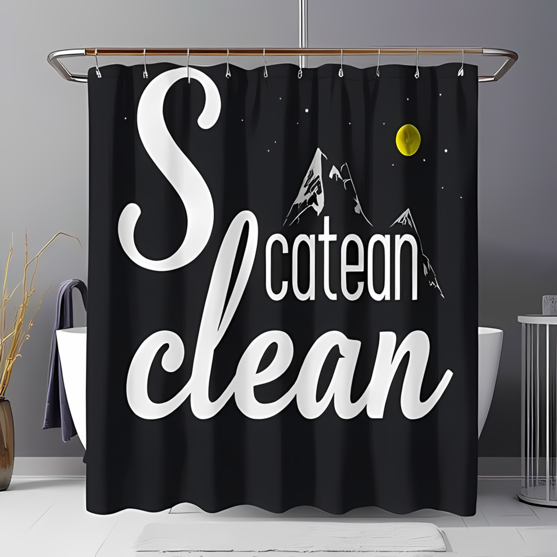 Stylish Black Shower Curtain with " Scatean Clean " Text Mountain and ...