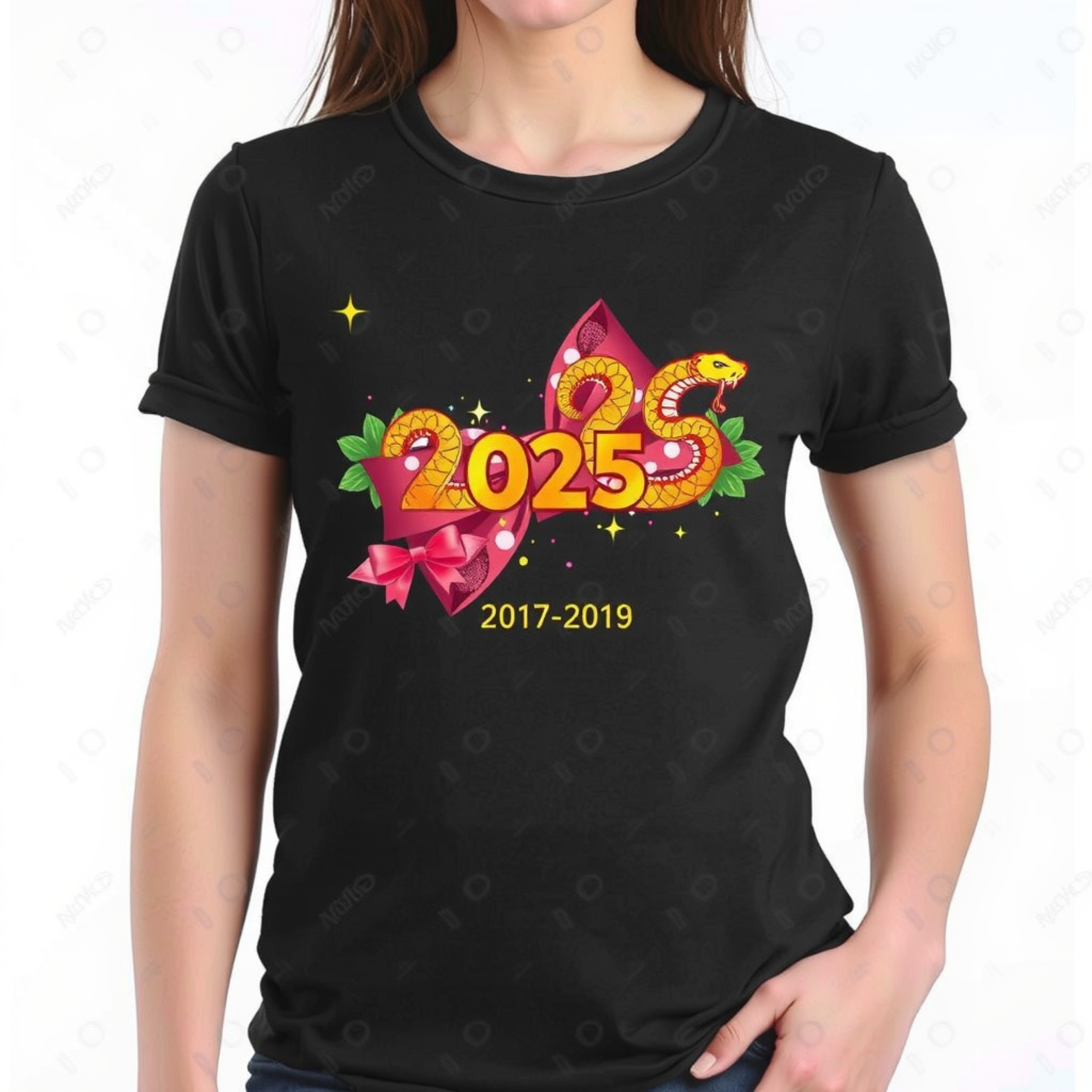 Stylish Black T-Shirt 2025 with Golden Snake & Pink Polka Dot Bow ...