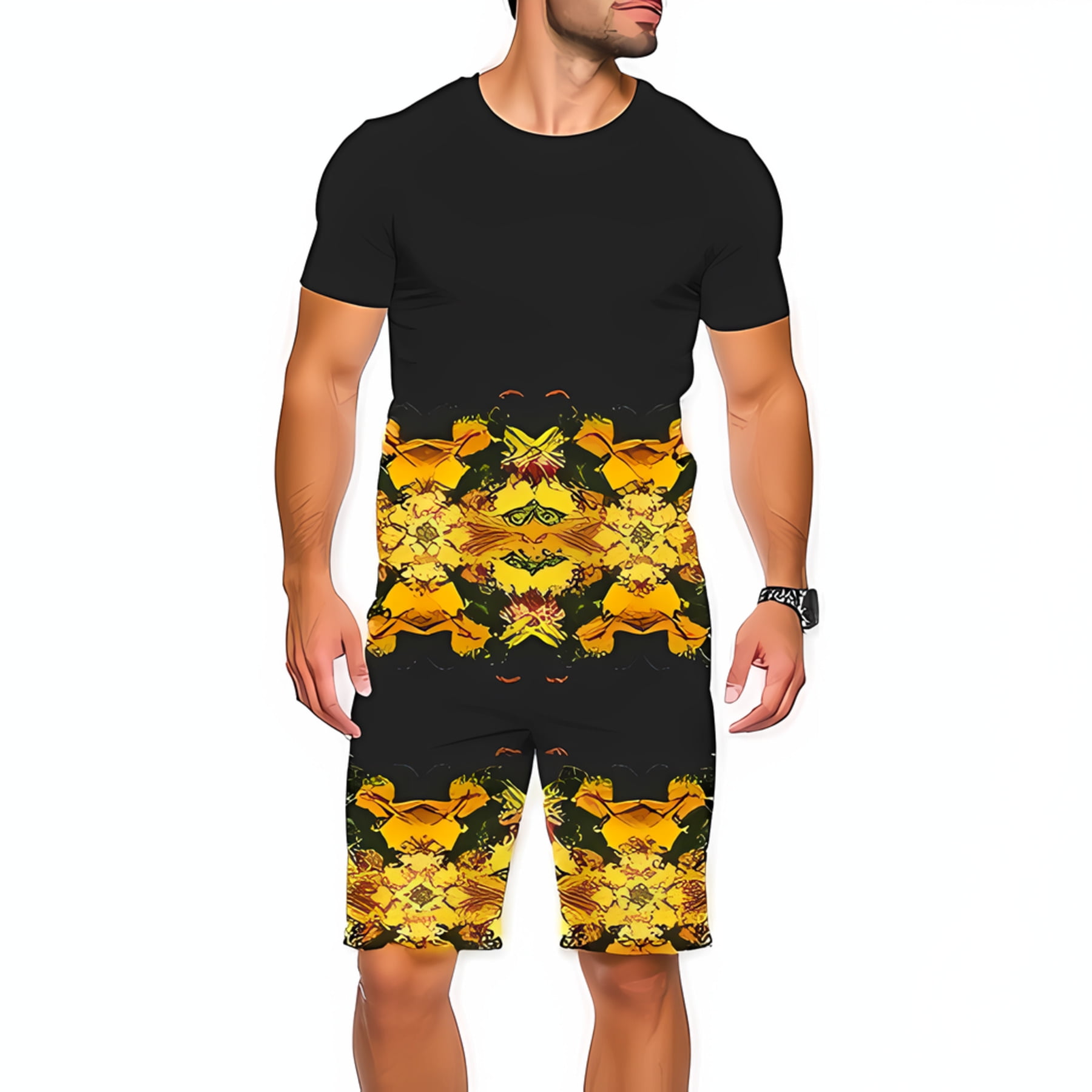 Stylish Black T-Shirt and Shorts Set with Bold Floral Hemline Design ...