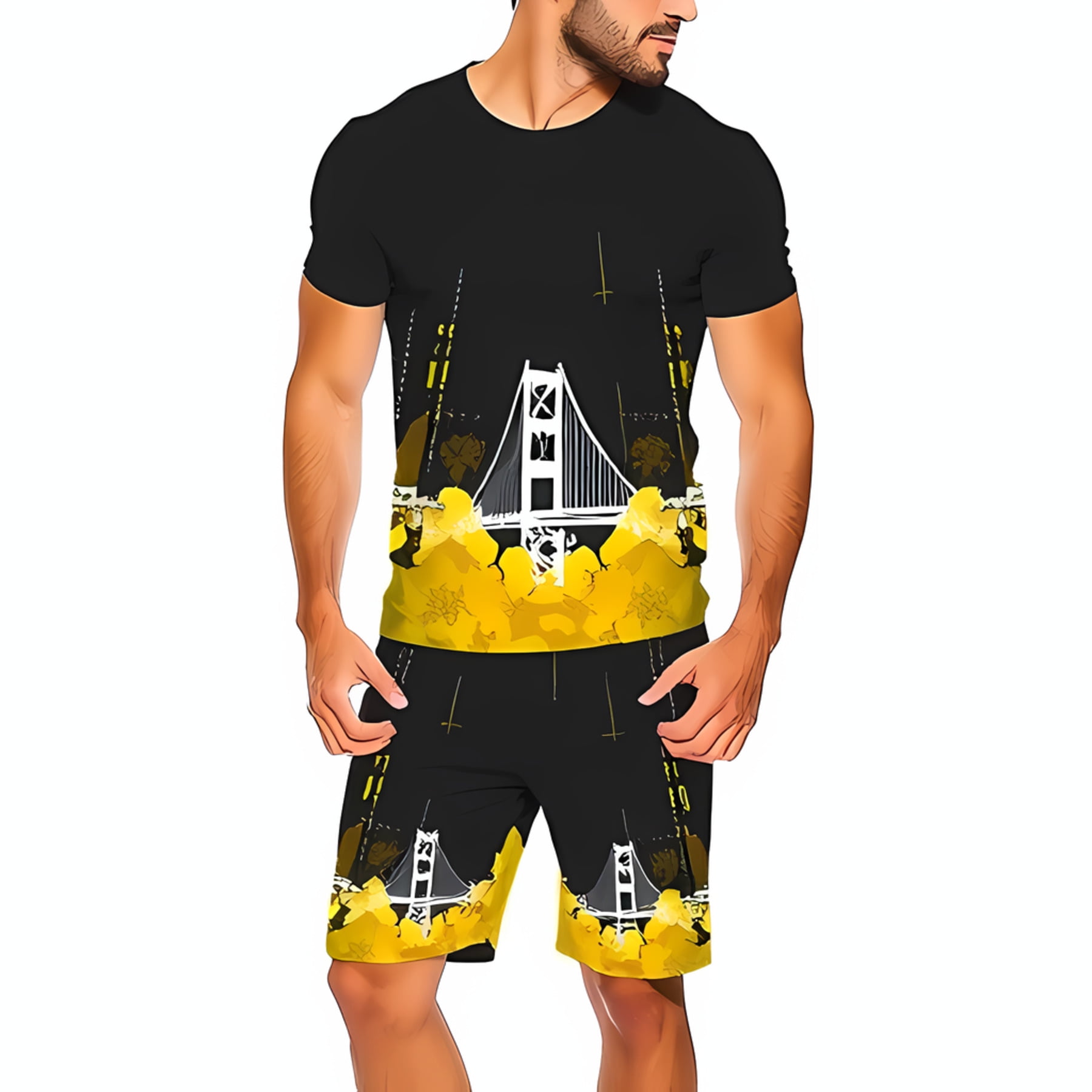Stylish Black T-Shirt and Shorts Set with Graphic Golden Gate Bridge ...
