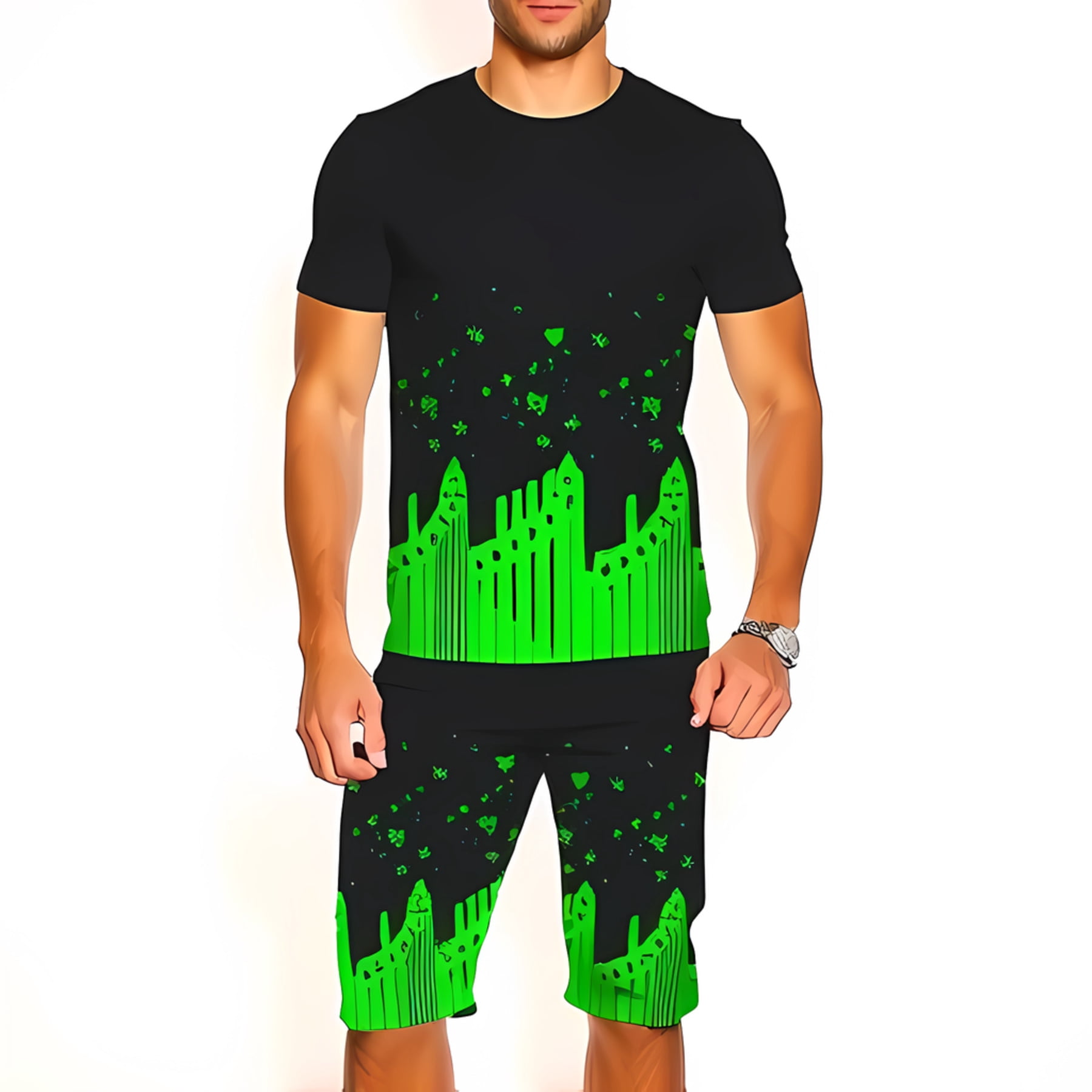 Stylish Black T-Shirt and Shorts Set with Green Pixelated Cityscape ...