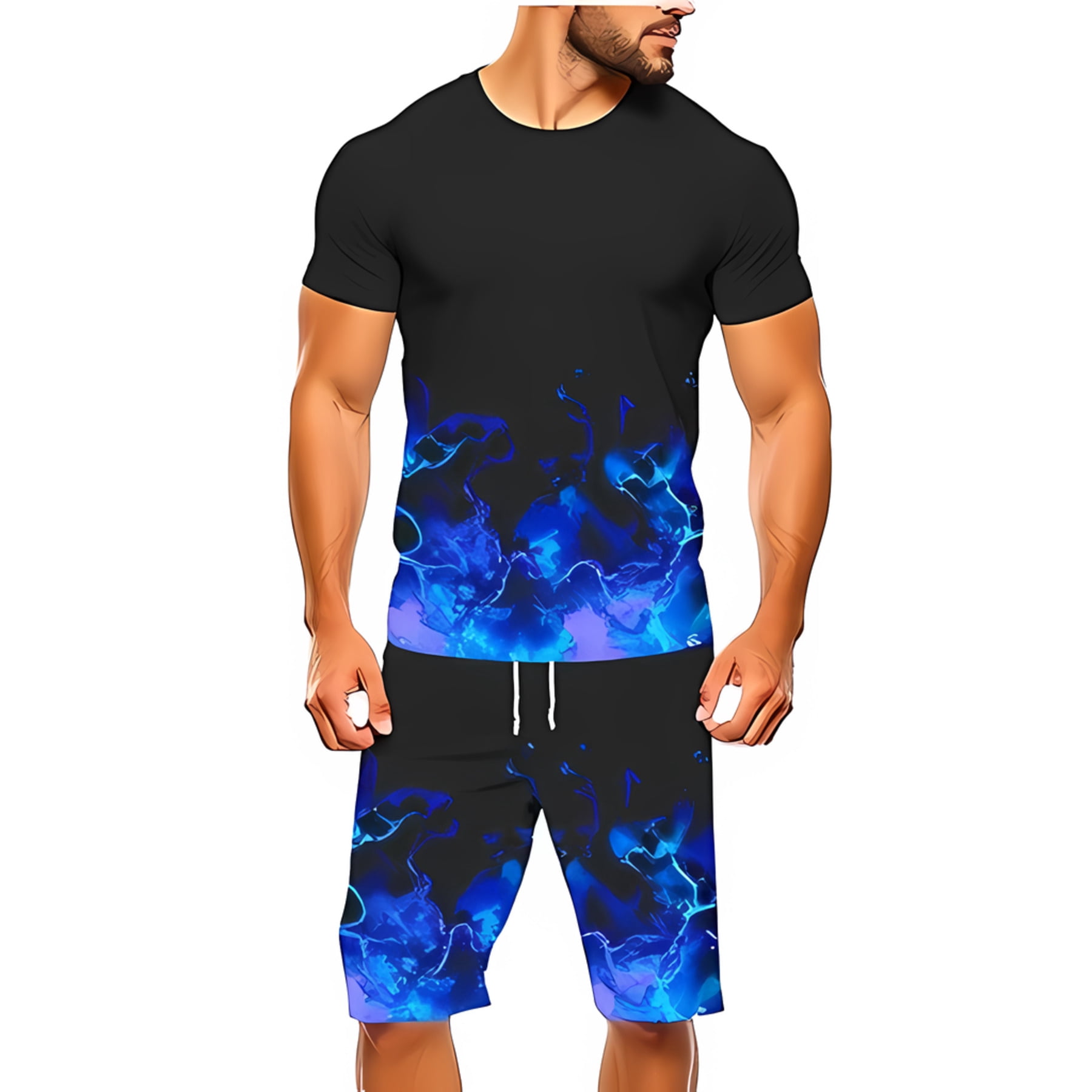 Stylish Black T-Shirt and Shorts Set with Vibrant Electric Blue Flame ...