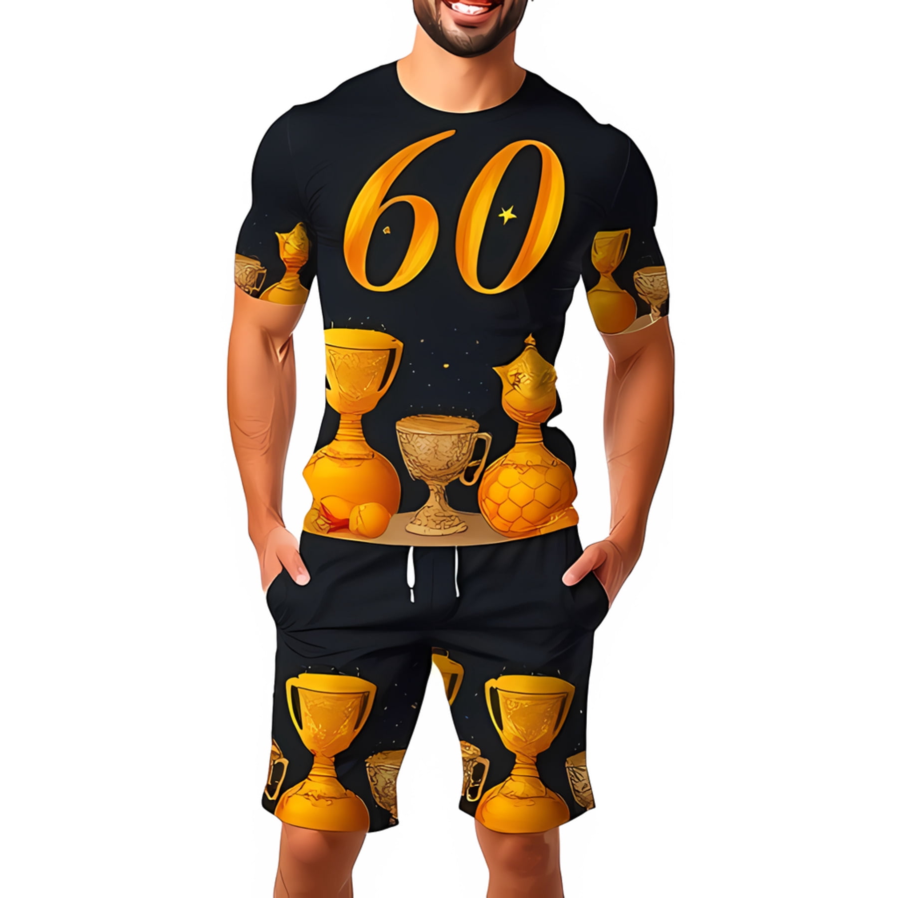 Stylish Black T-Shirt and Shorts Set with Vibrant Gold '60' Design ...