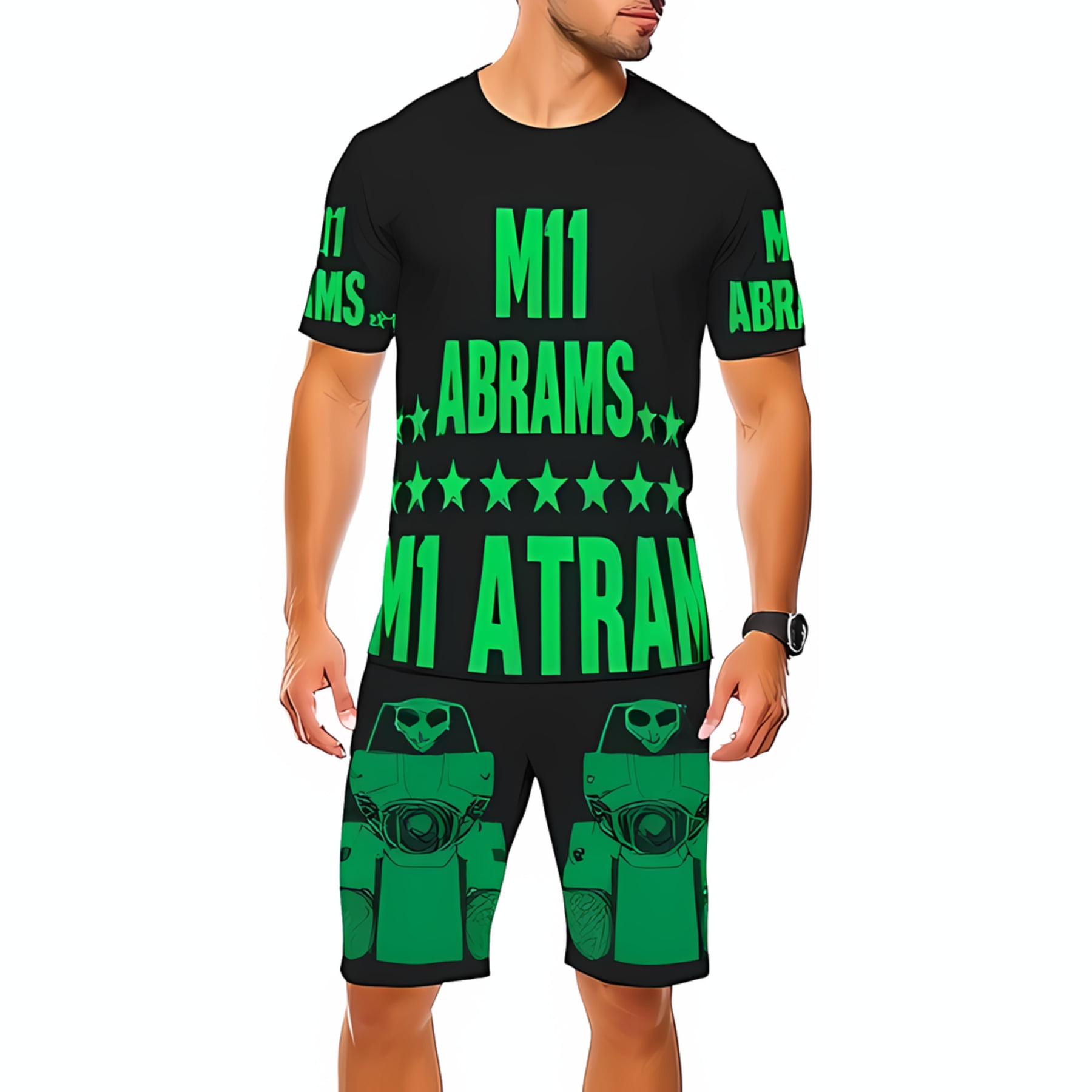 Stylish Black T-Shirt and Shorts Set with Vibrant Green 'M1 ABRAMS ...