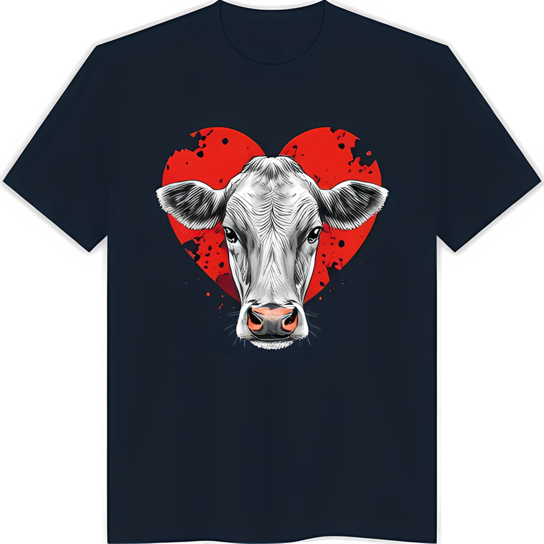 Stylish Black T-Shirt with Bold Cow Head Graphic Inside Red Heart ...