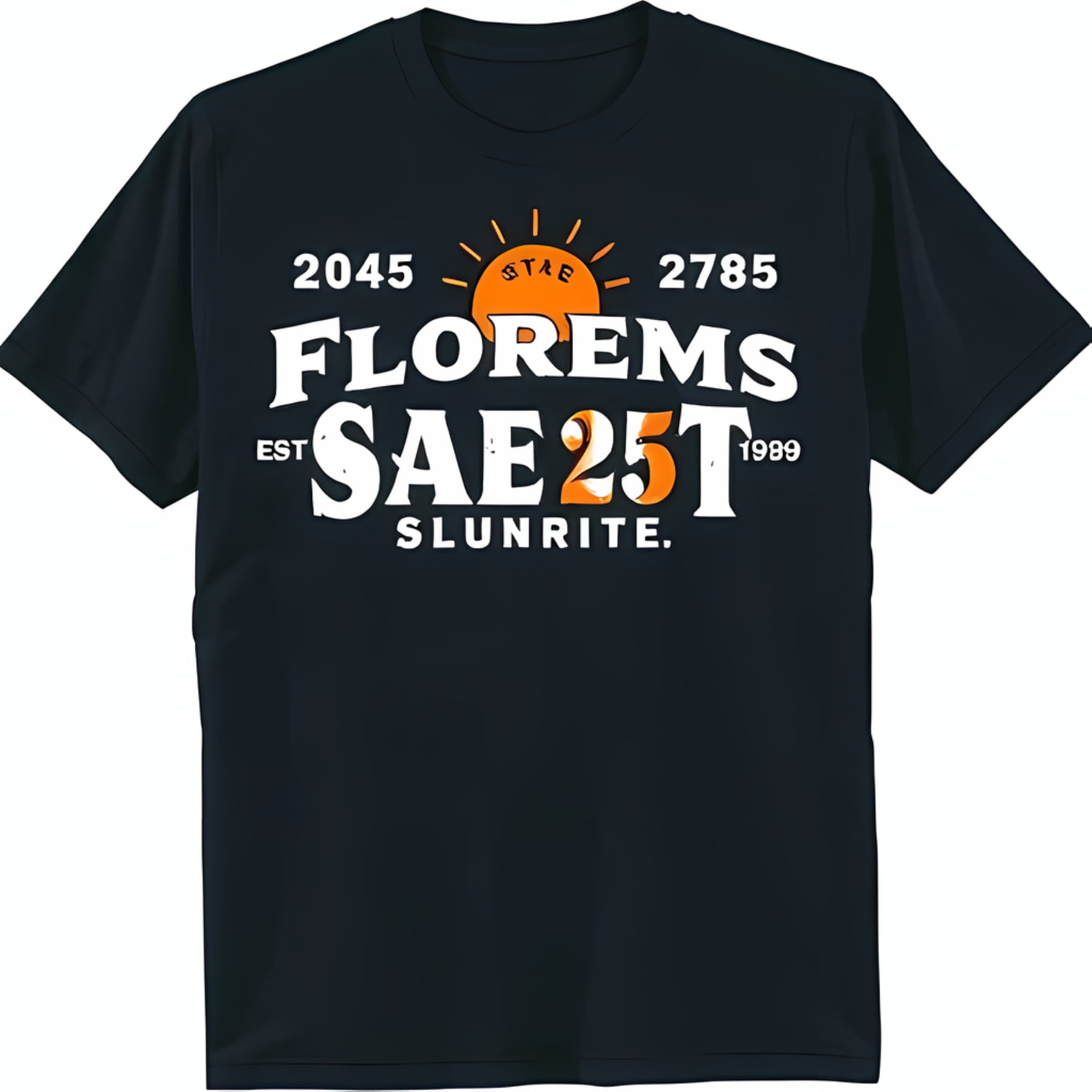 Stylish Black T-Shirt with Bold FLOREMS SAE25T Graphic & Sun Design ...