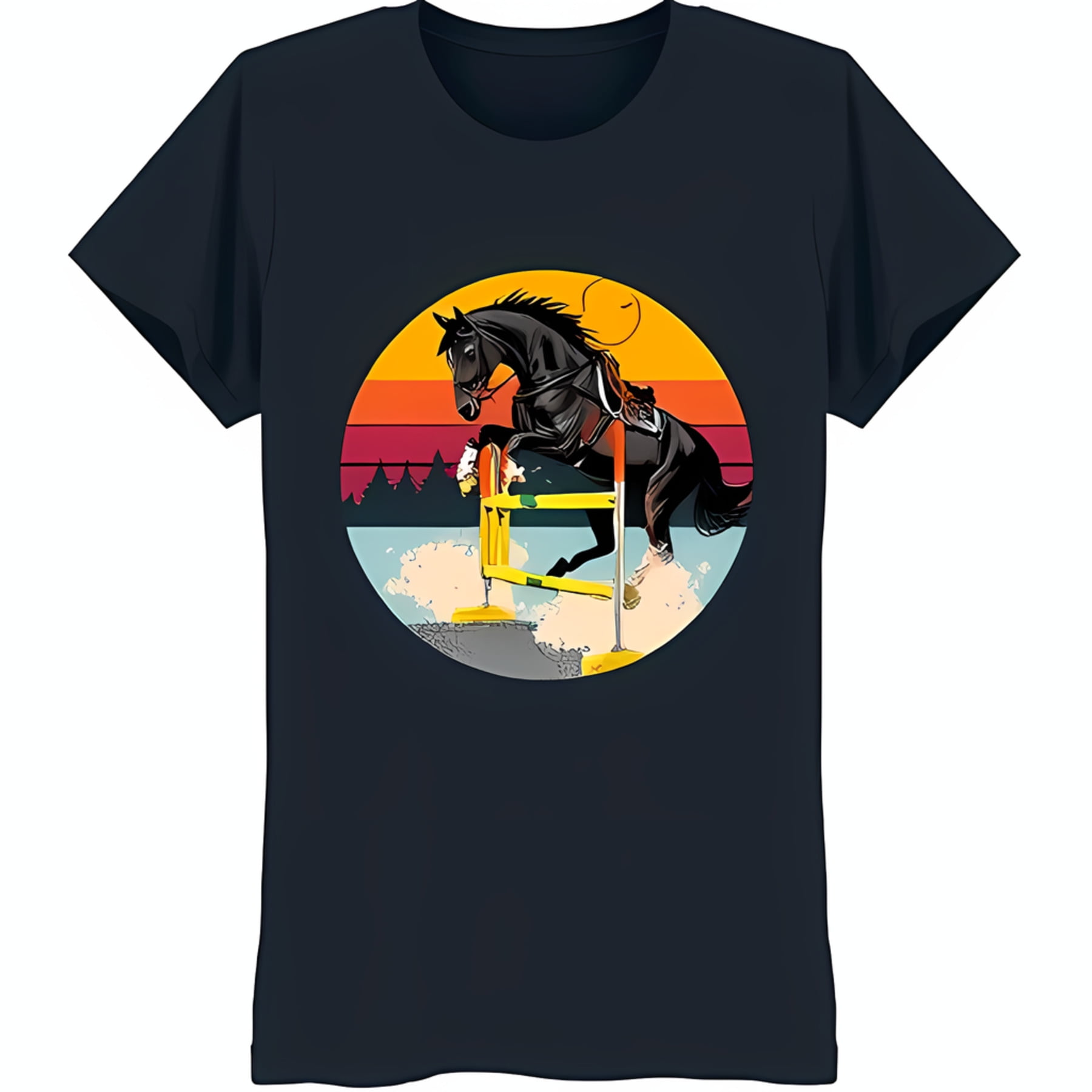 Stylish Black T-Shirt with Bold Horse Jumping Over Yellow Hurdle ...