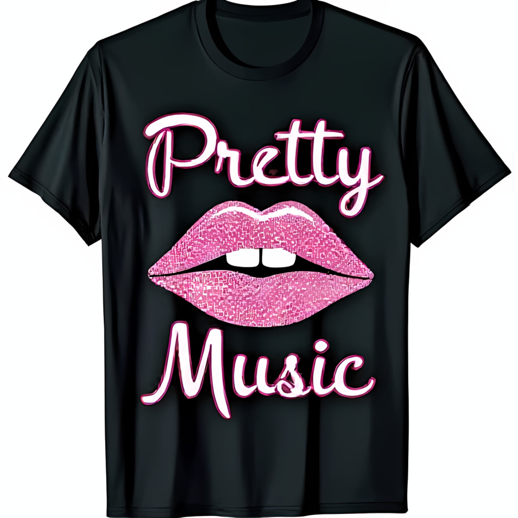Stylish Black T-Shirt with Bold Pretty Music Text & Sparkly Pink Lip ...