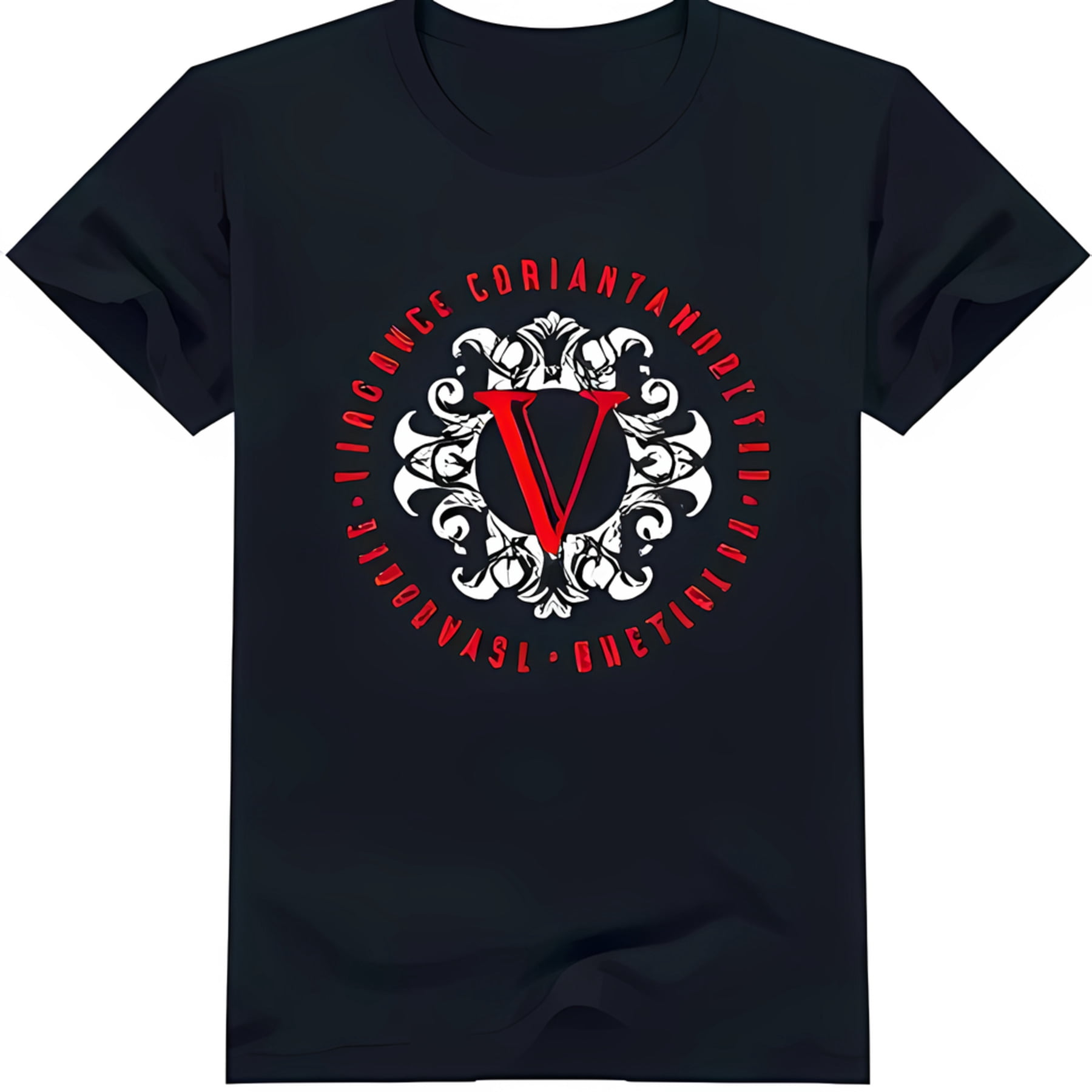 Stylish Black T-Shirt with Bold Red 'V' Design and Circular Backwards ...