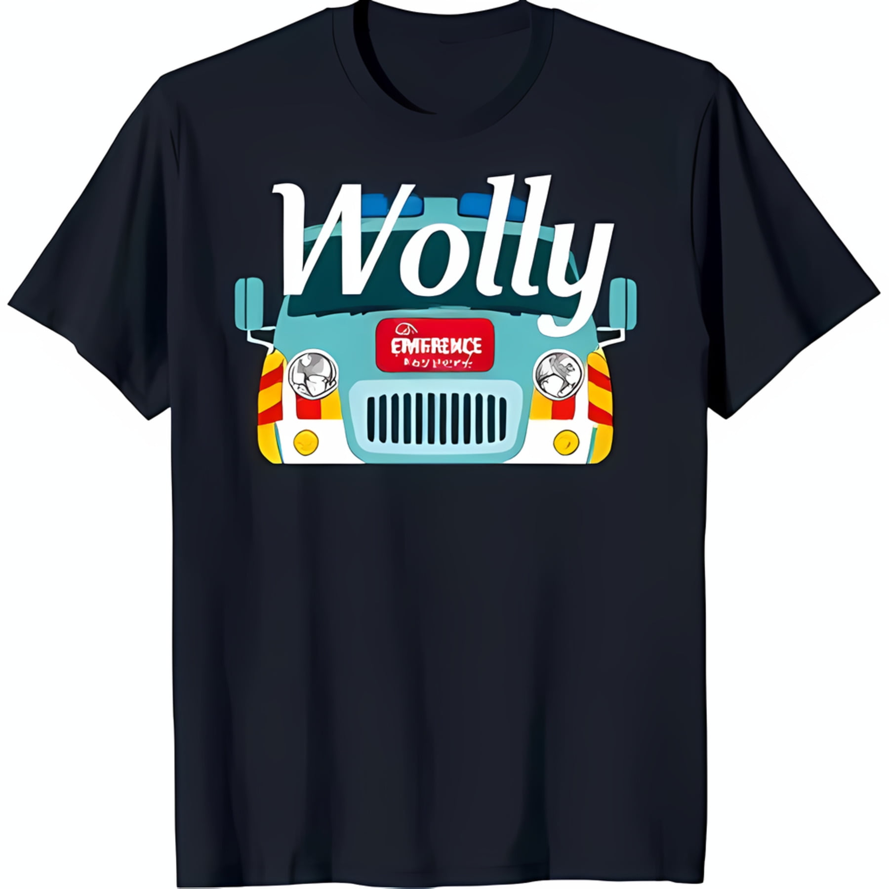 Stylish Black T-Shirt with Bold 'Wally' Graphic & Cartoon Ambulance ...