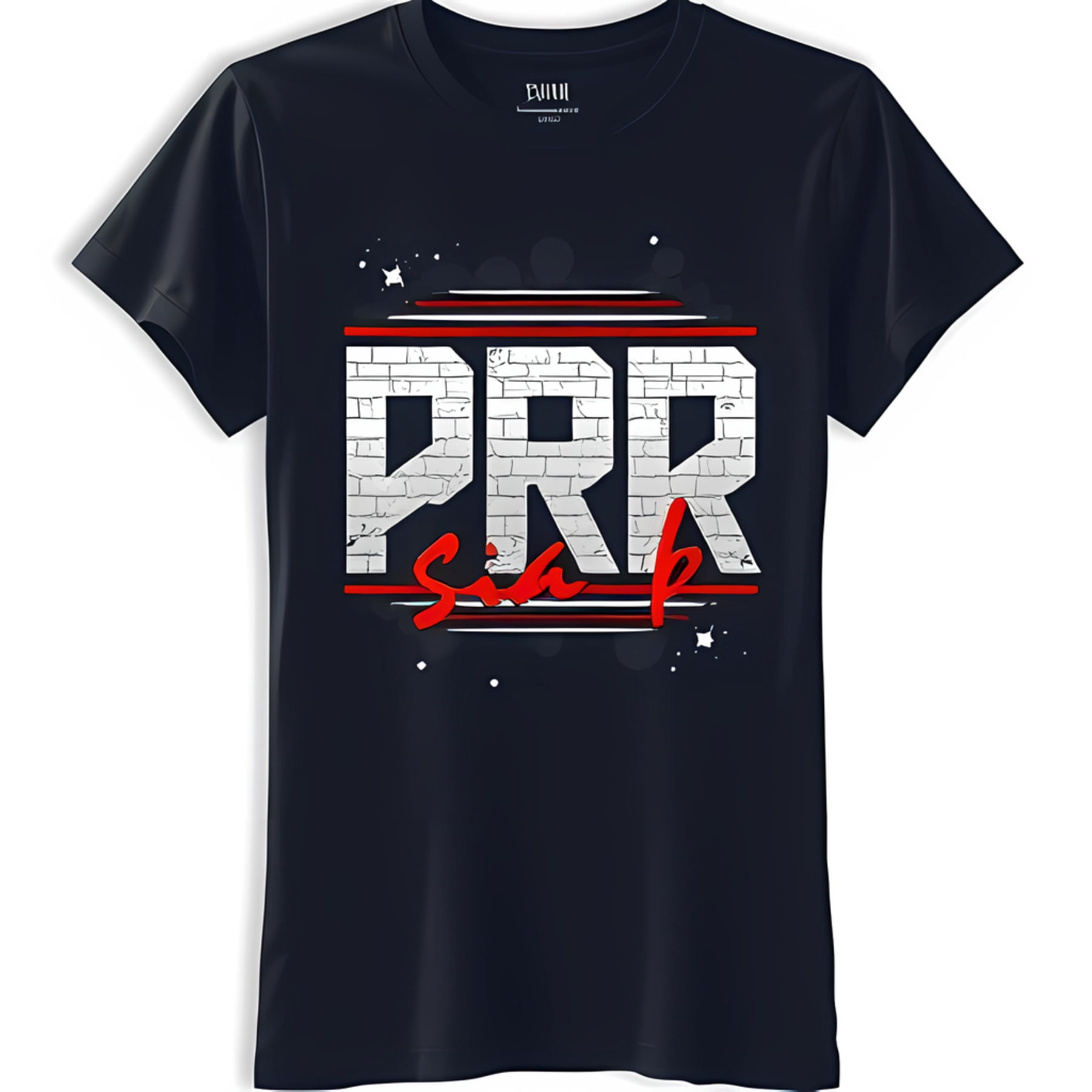 Stylish Black T-Shirt with Bold White Brick Wall Graphic & Red 'PRR ...