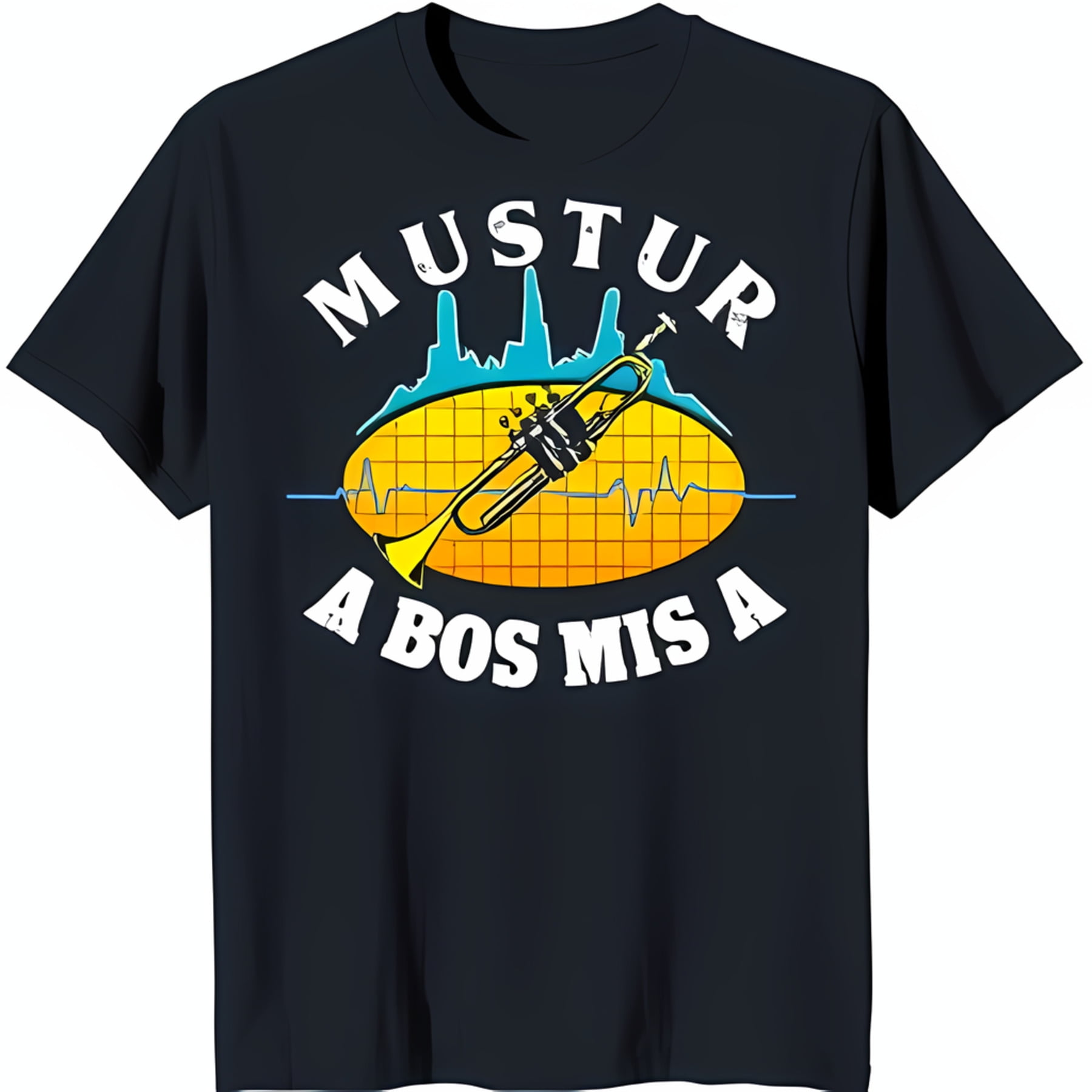 Stylish Black T-Shirt with Bold Yellow Trumpet Graphic & EKG Design ...