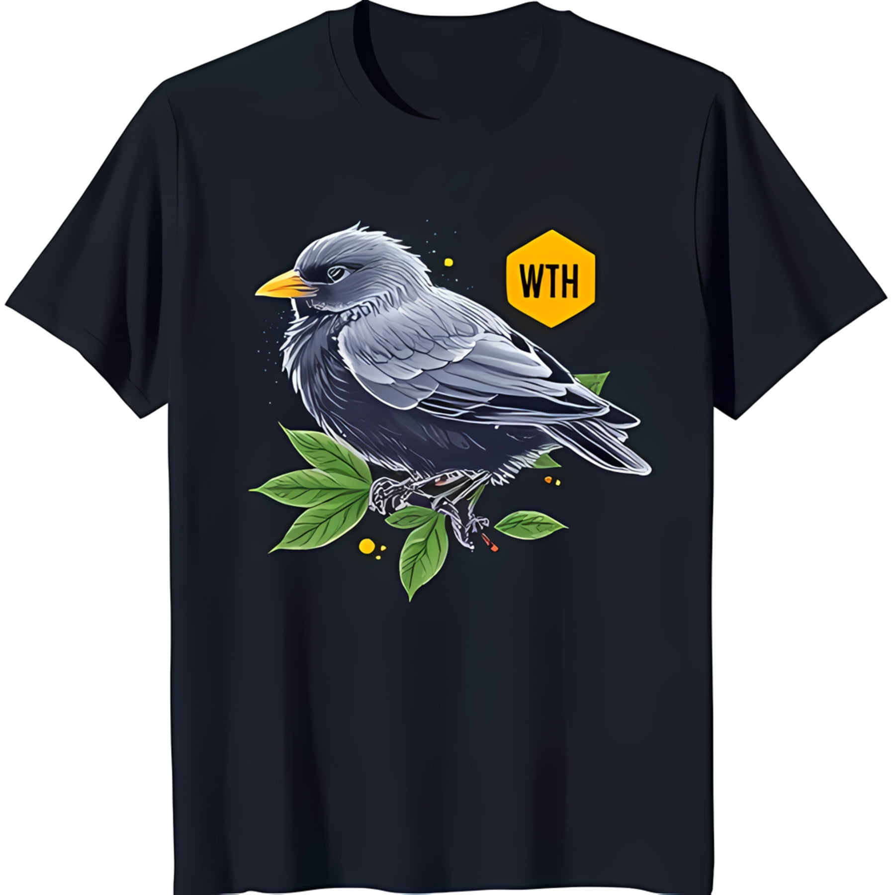Stylish Black T-Shirt with Cartoon Crow Graphic & WTH Hexagon Design ...