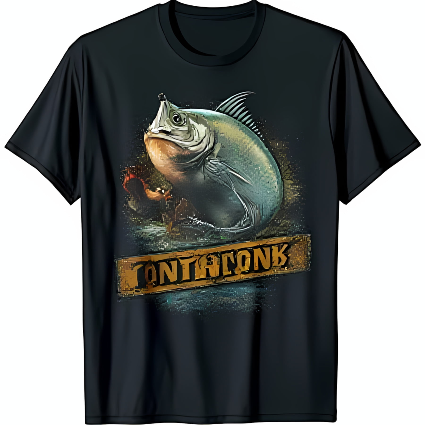 Stylish Black T-Shirt with Cartoon Fish Graphic & Vintage Tonkatonk ...