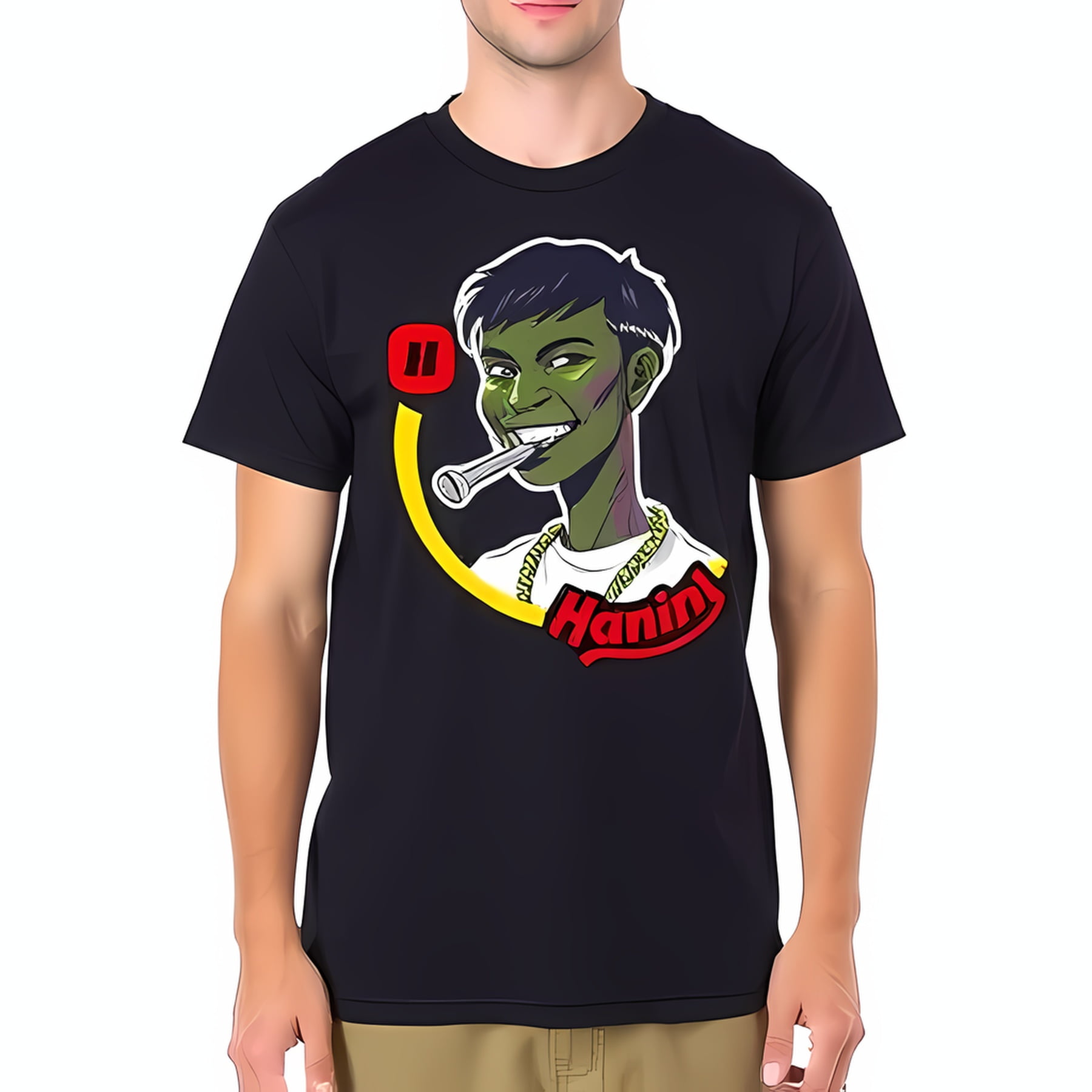 Stylish Black T-Shirt with Cartoon Music Artist Graphic - Green-Skinned ...