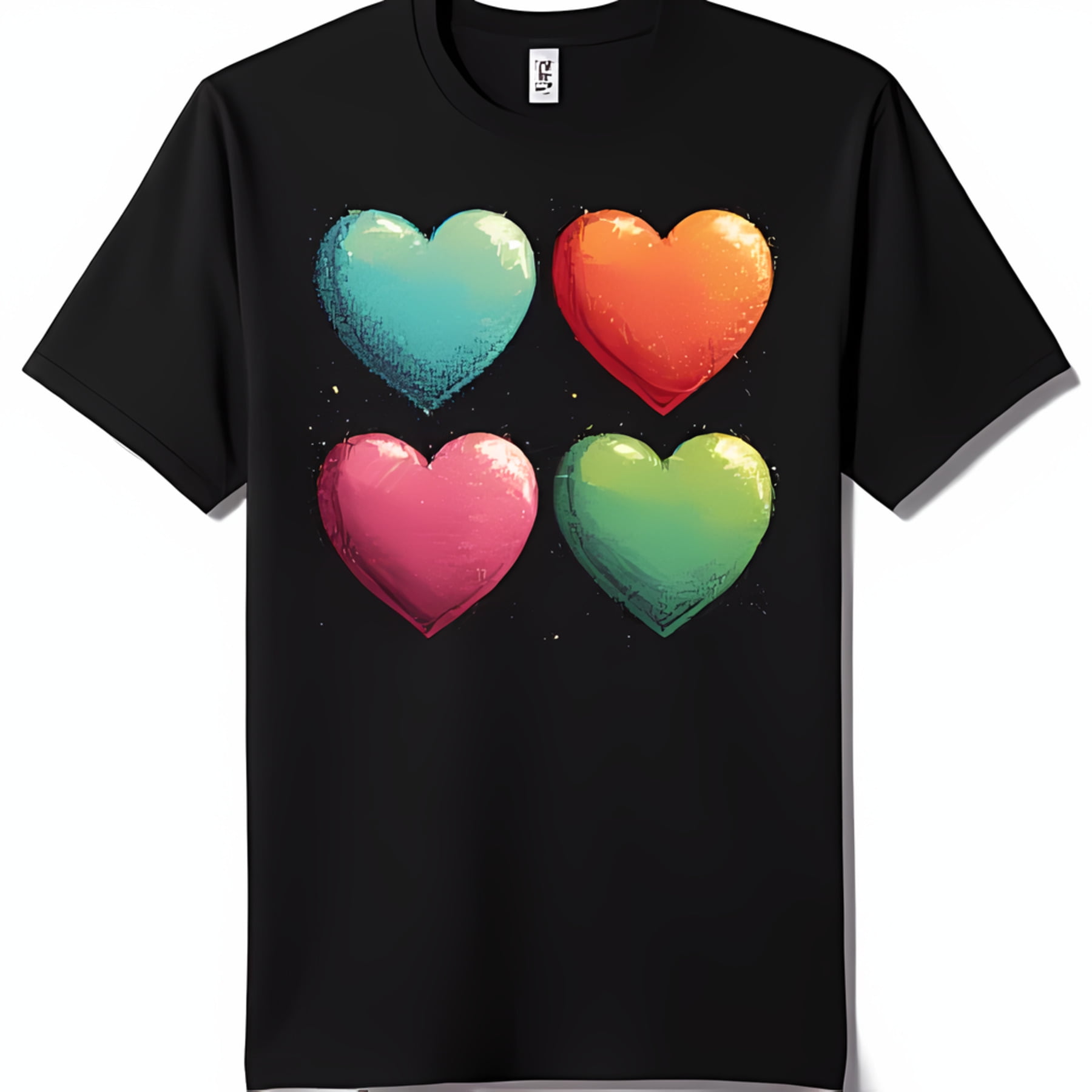 Stylish Black T-Shirt with Colorful Pixelated Hearts Graphic 2x2 Design ...