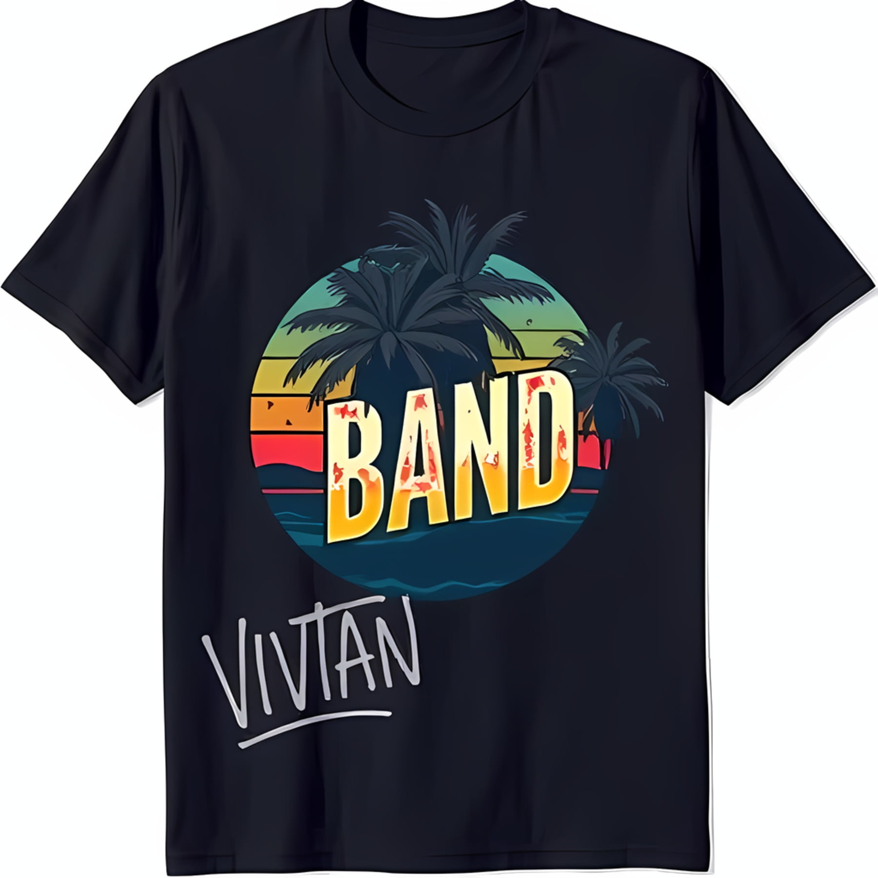 Stylish Black T-Shirt with Colorful Sunset Beach Graphic & Bold 'BAND ...