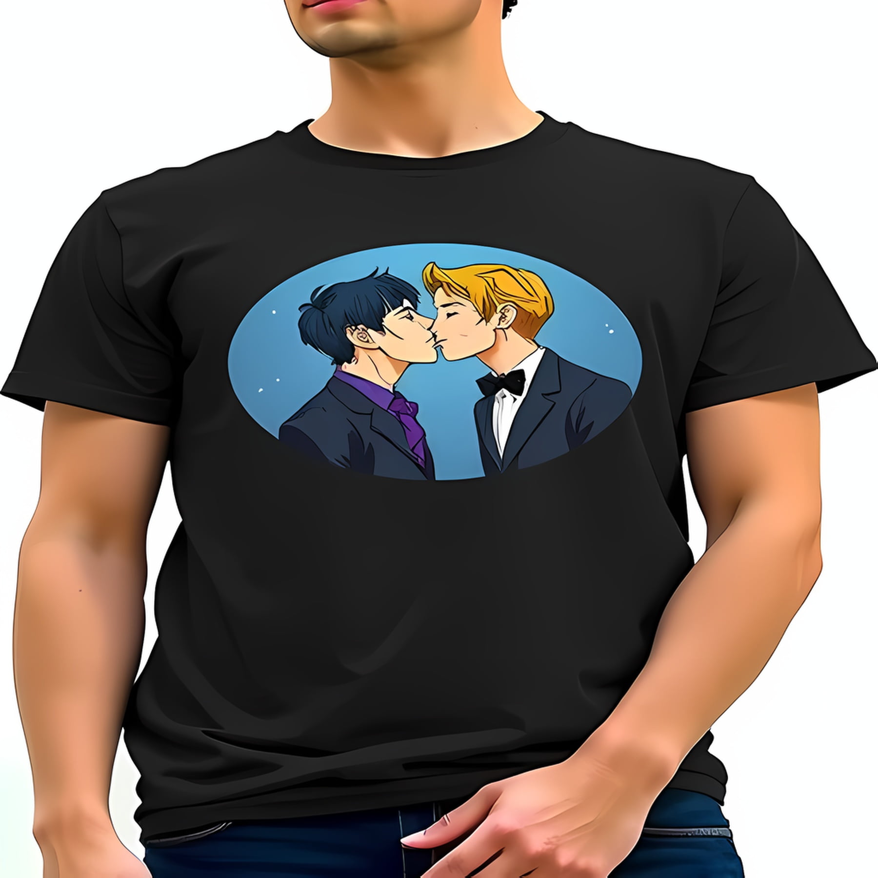 Stylish Black T-Shirt with Comic Book Style Graphic of Two Men Kissing ...