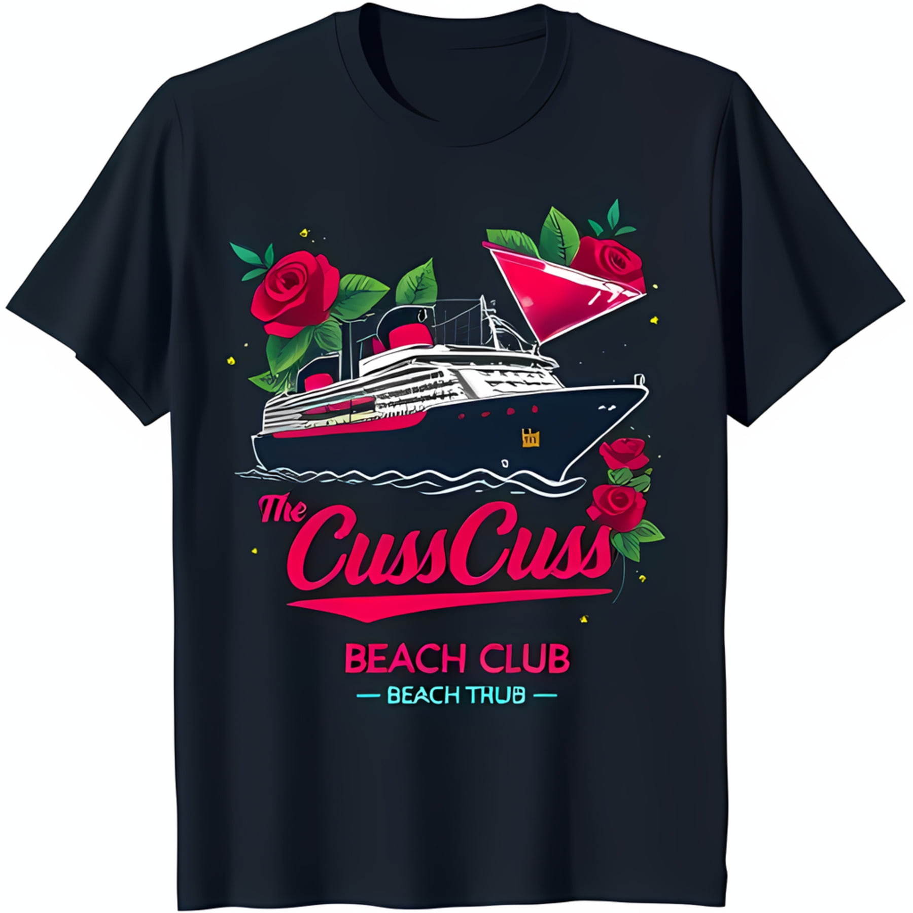 Stylish Black T-Shirt with Cruise Ship & Red Roses Graphic Beach Thrub ...