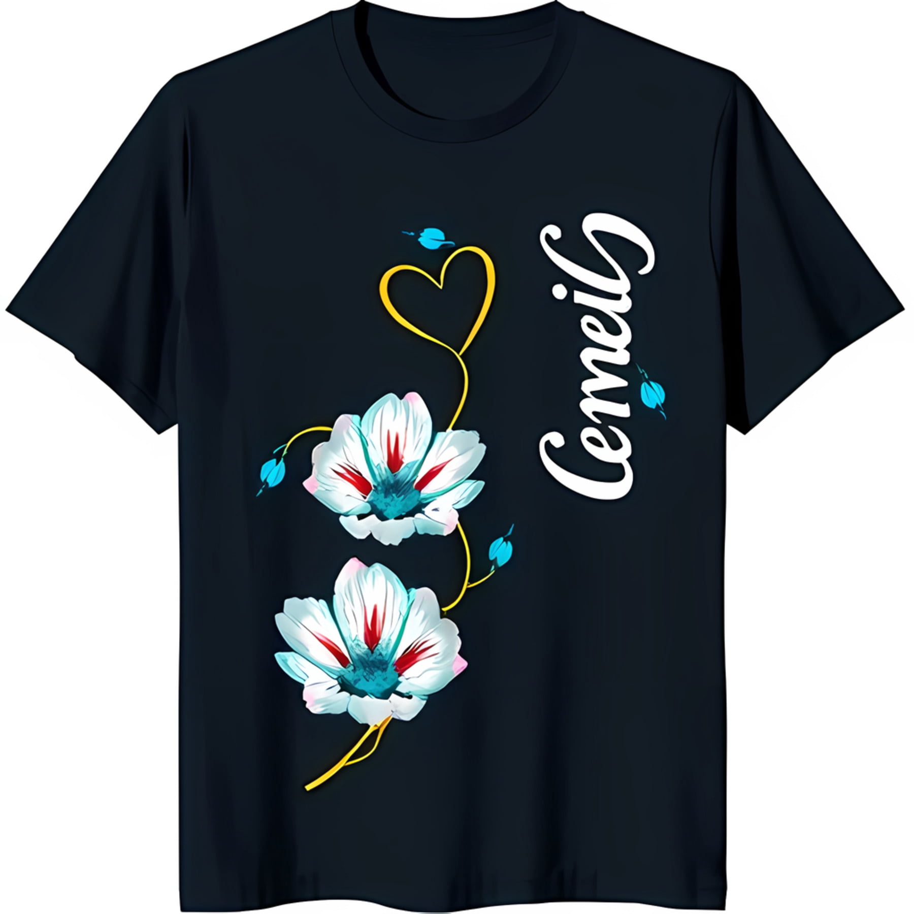 Stylish Black T-Shirt with Cursive 'Cemeily' Floral Design & Heart ...