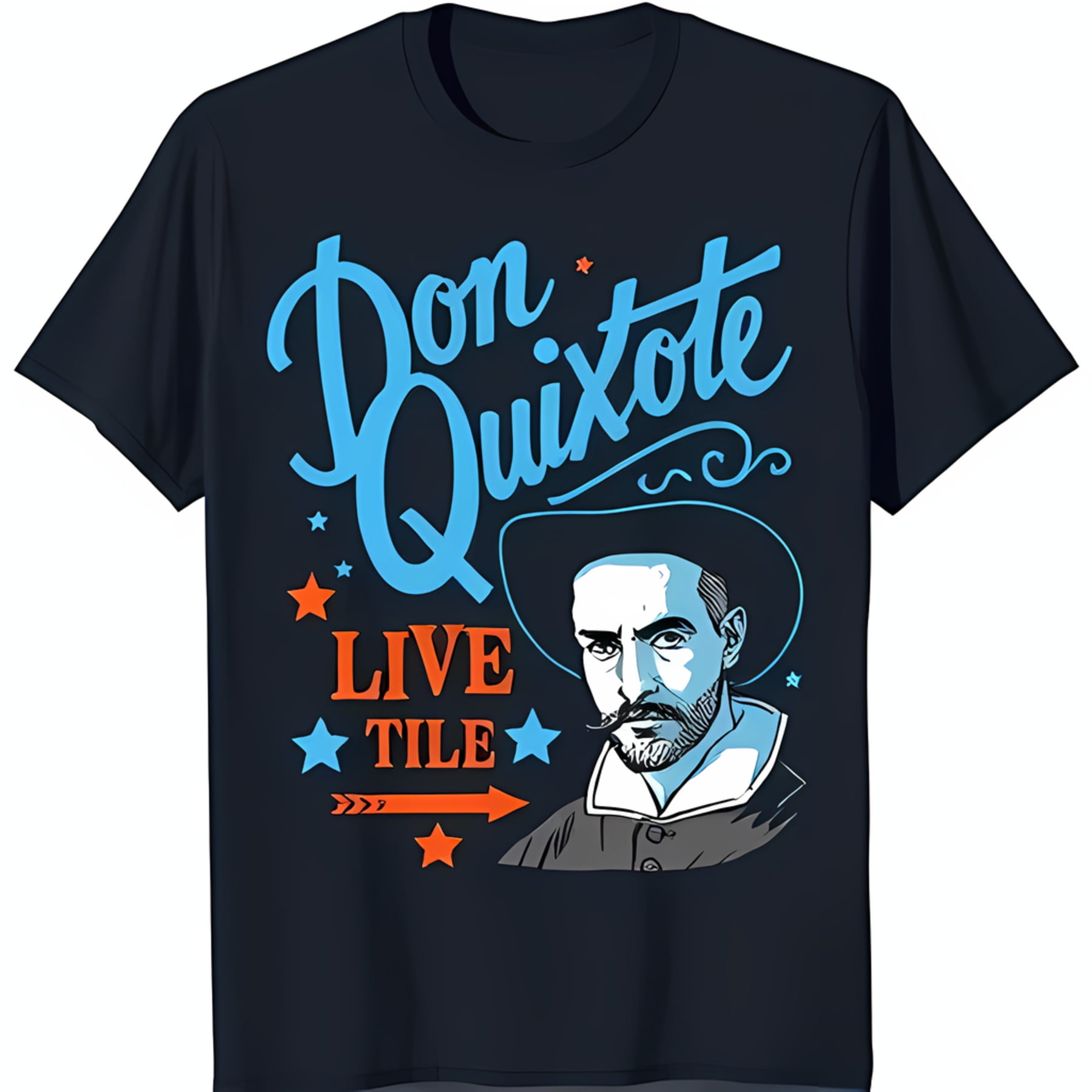 Stylish Black T-Shirt with Don Quixote Graphic Stars & Arrow Design ...