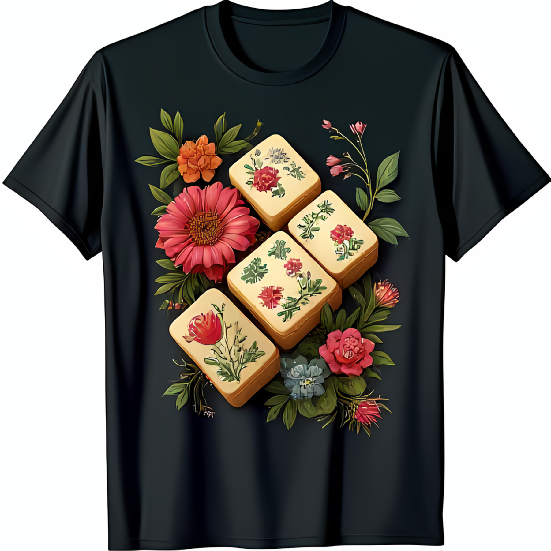 Stylish Black T-Shirt with Floral Mahjong Graphic for Mahjong Lovers ...