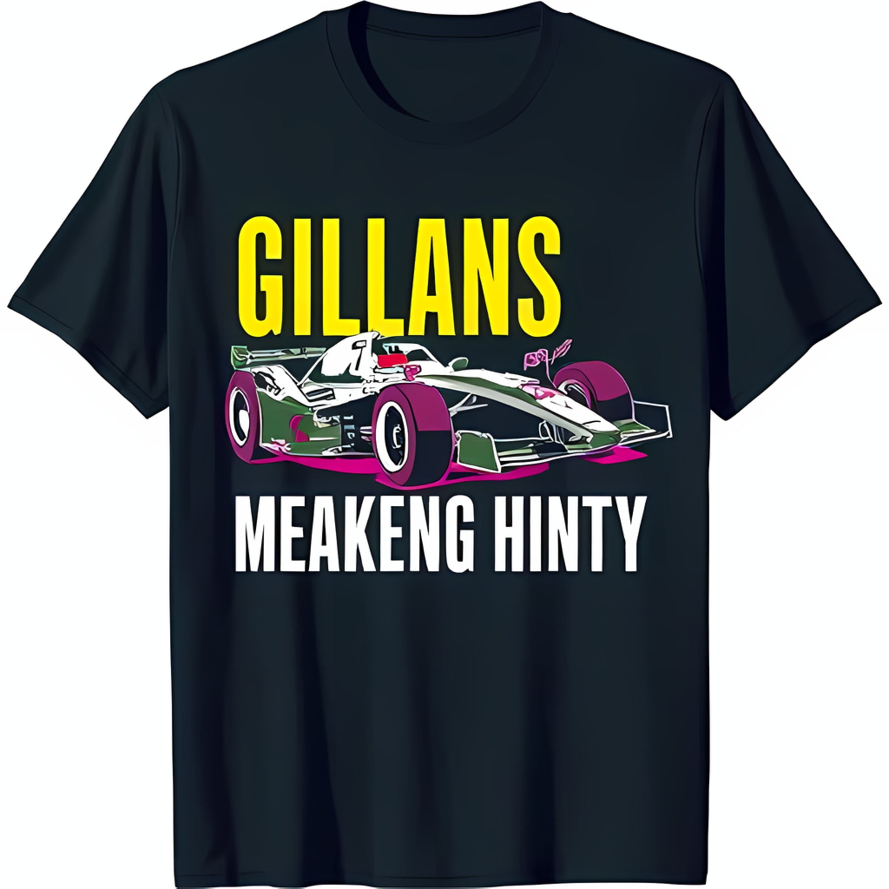 Stylish Black T-Shirt with 'Gillans' in Yellow & White Race Car Graphic ...