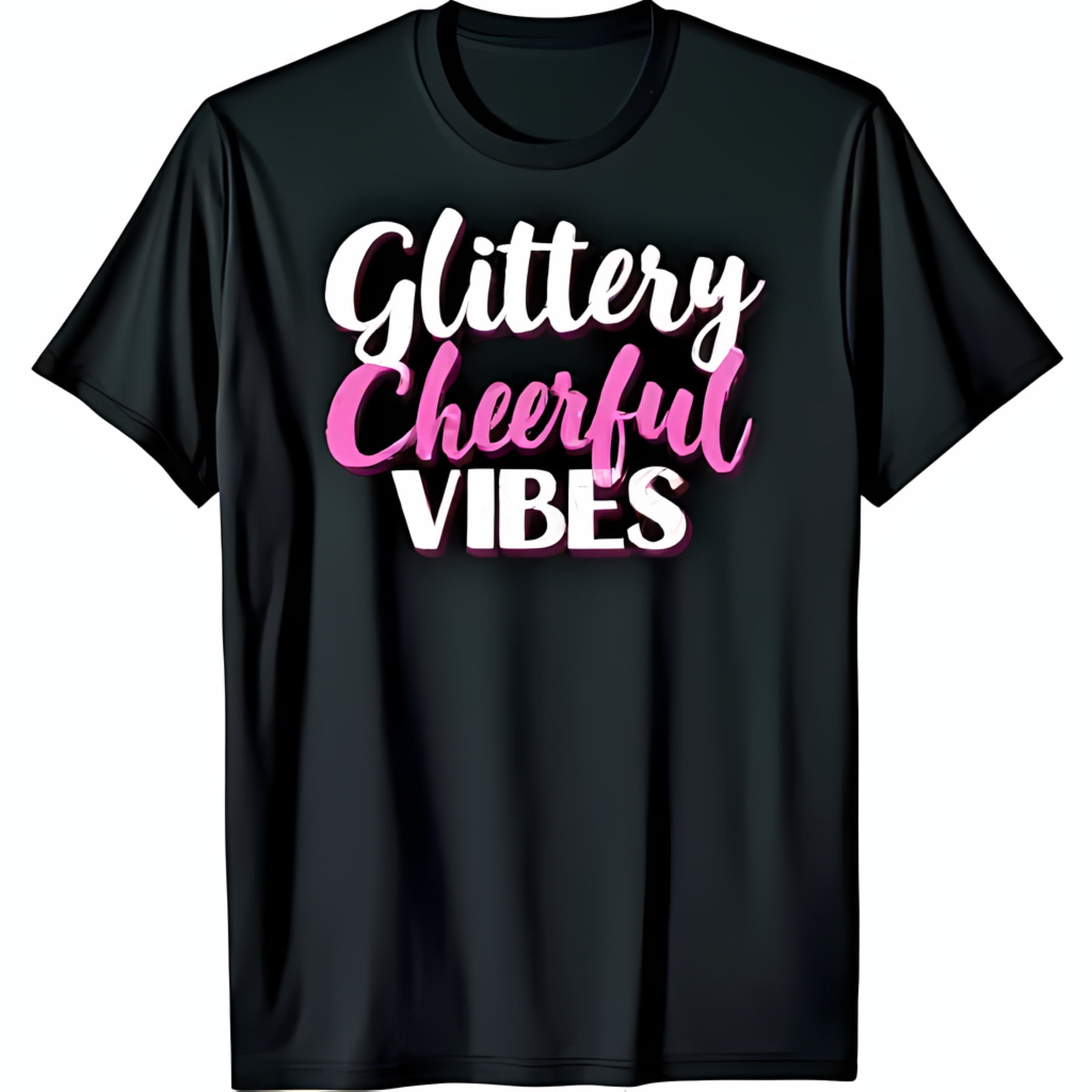 Stylish Black T-Shirt with 'Glittery Cheerful Vibes' Graphic Design ...
