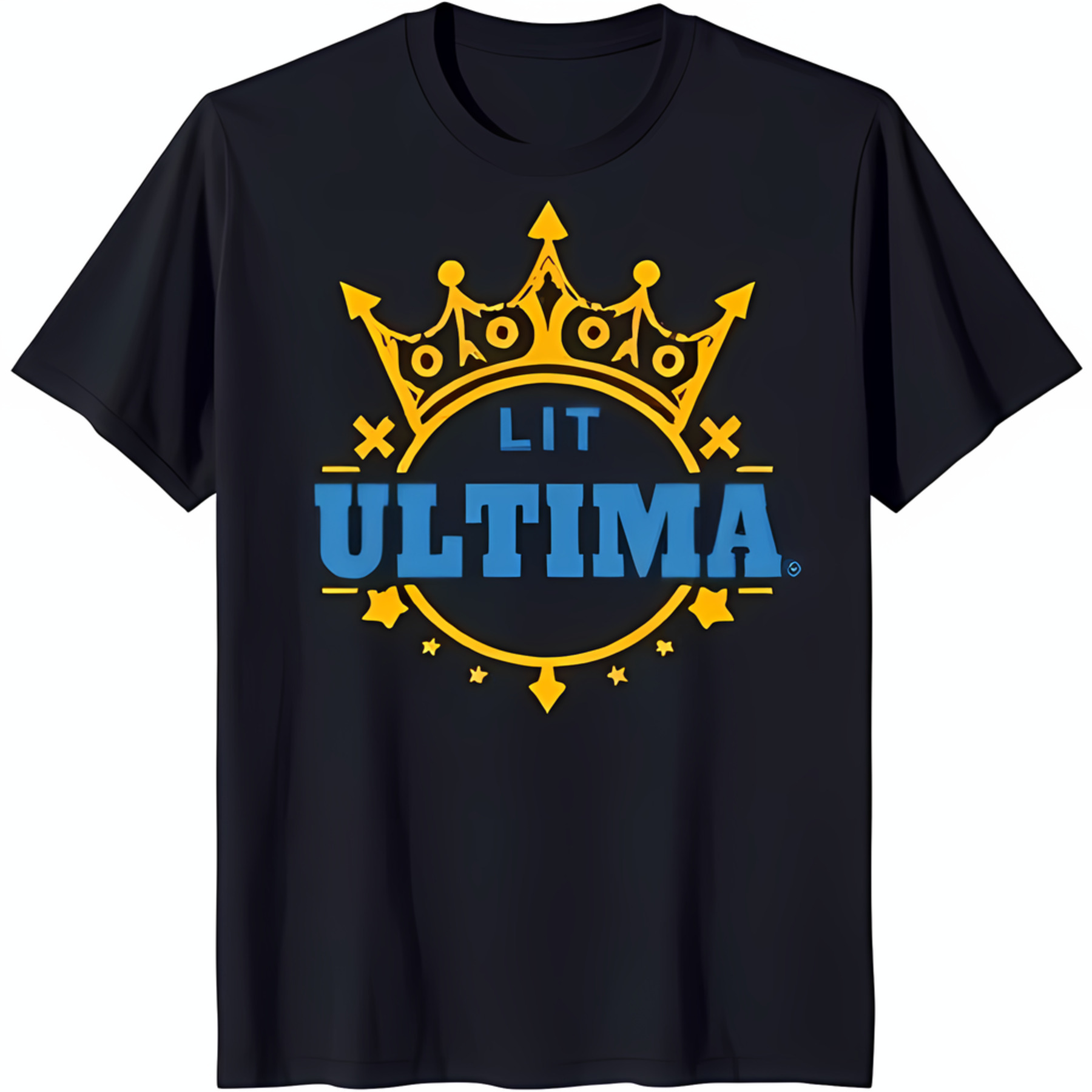 Stylish Black T-Shirt with Gold Crown & Blue 'Lit Ultima' Graphic ...