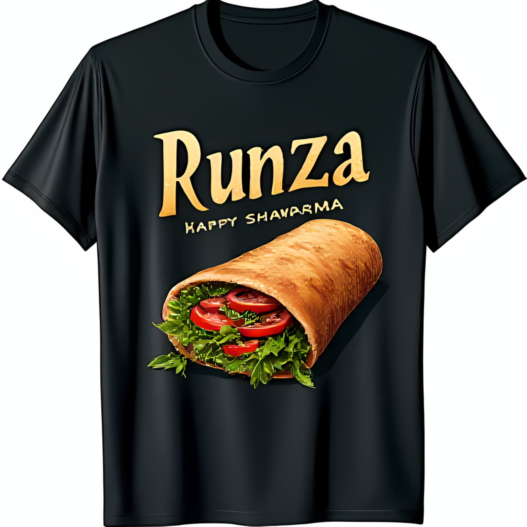 Stylish Black T-Shirt with Gold 'Runza' Cursive Graphic & Shawarma ...