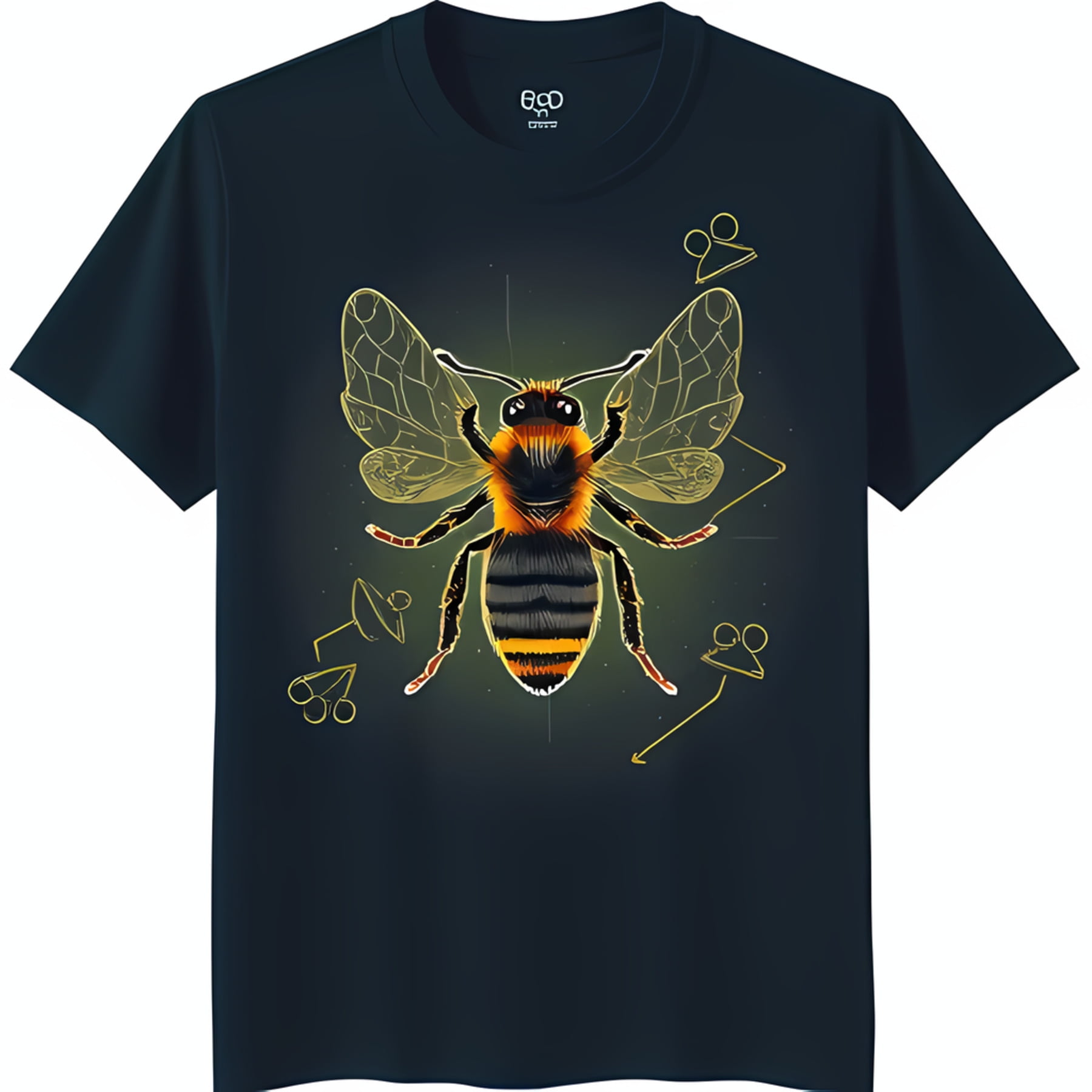Stylish Black T-Shirt with Golden Outlined Bee Graphic & Geometric ...