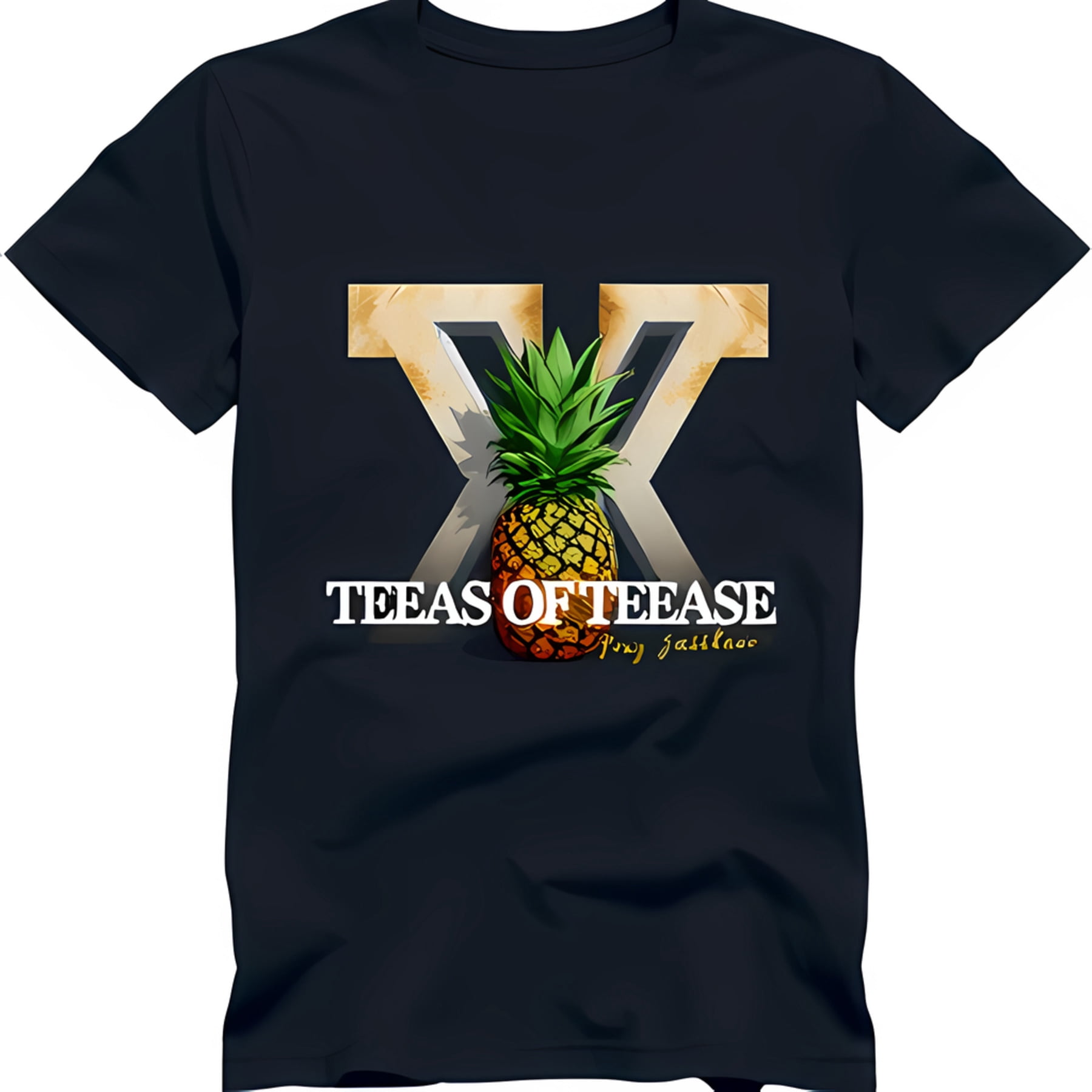 Stylish Black T-Shirt with Golden Yellow 'X' and Pineapple Graphic ...