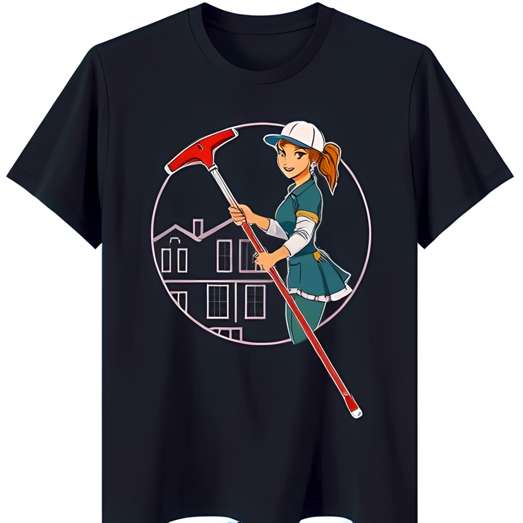 Stylish Black T-Shirt with Graphic of Woman in White Hat & Green Outfit ...