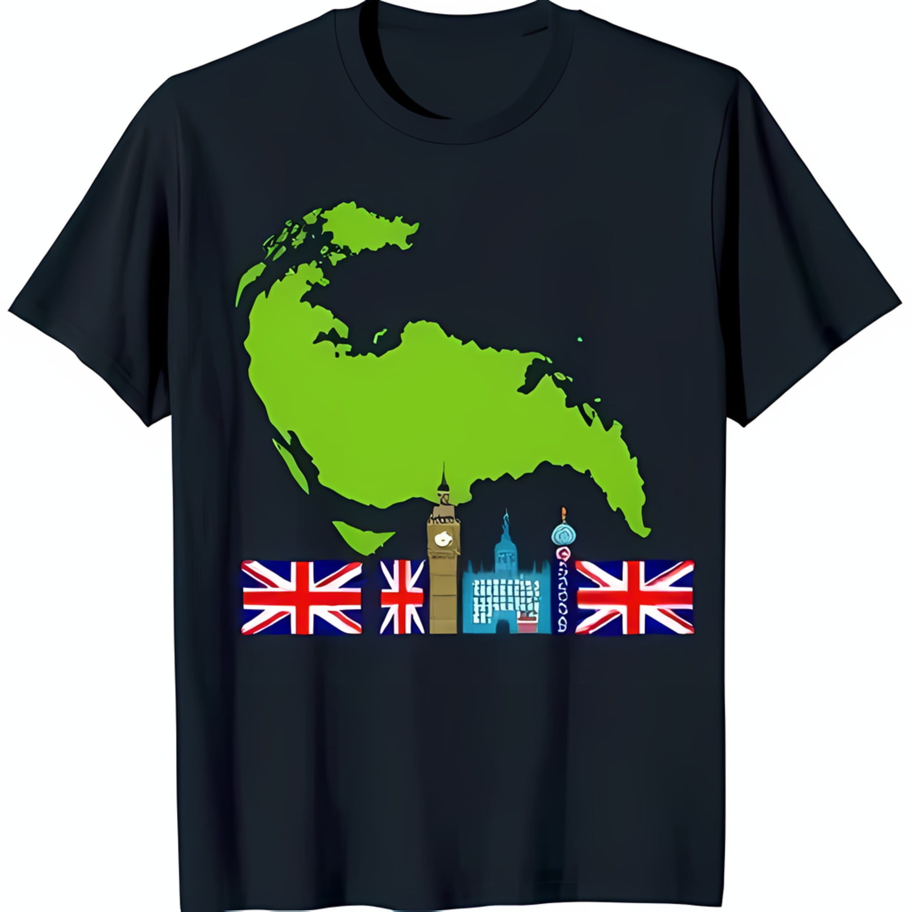 Stylish Black T-Shirt with Green Continent & Iconic London Landmarks ...