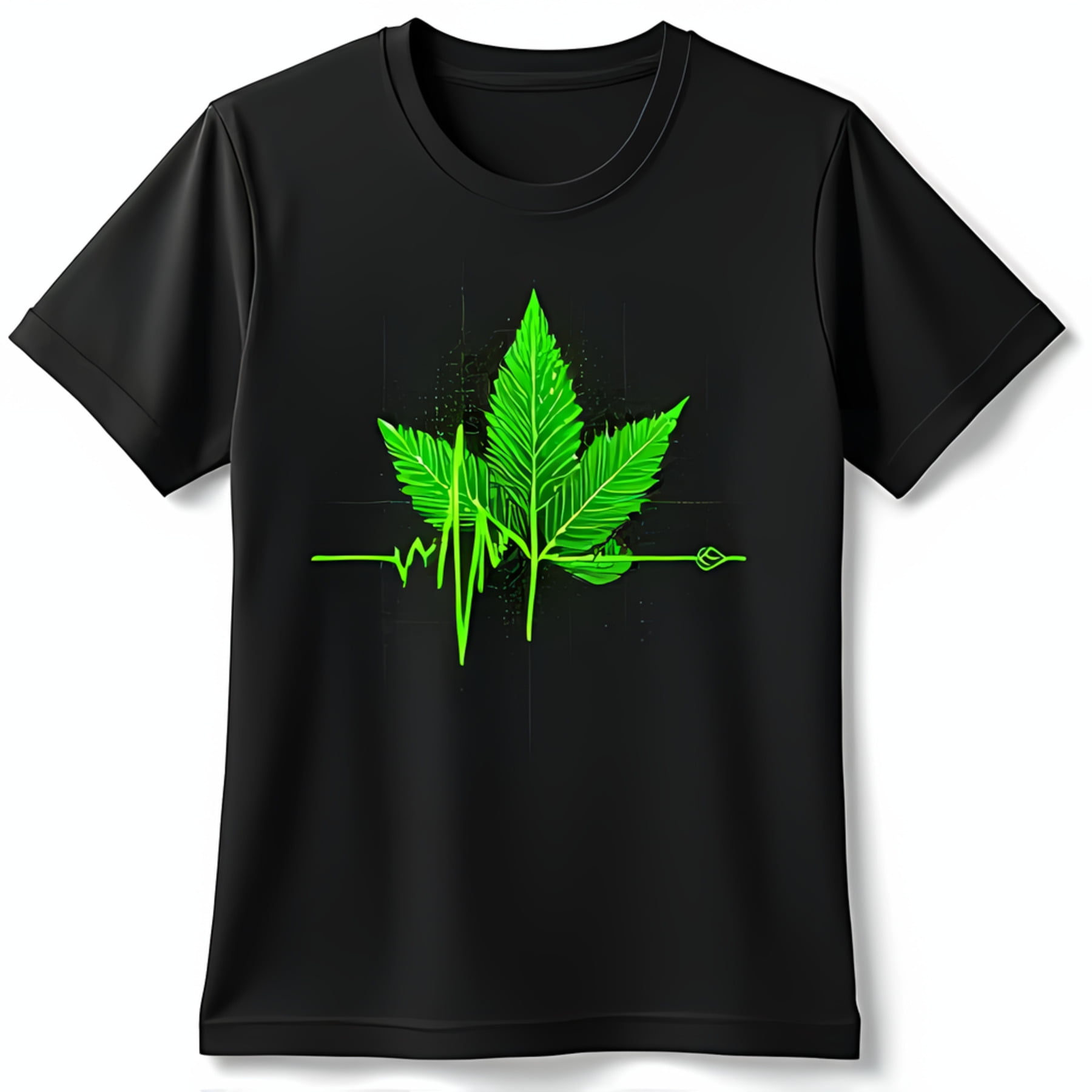 Stylish Black T-Shirt with Green Leaf Graphic & Heart Monitor Design ...