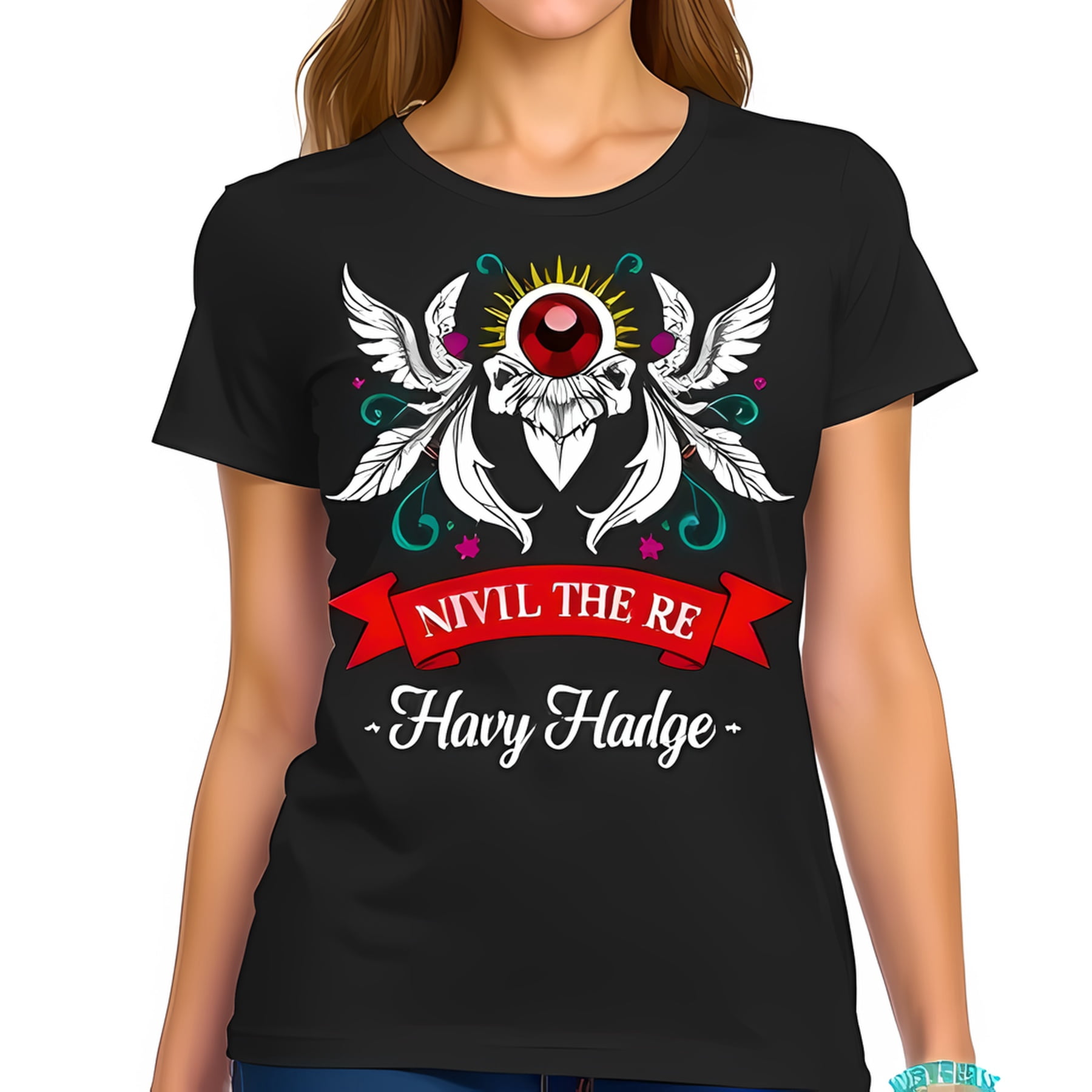 Stylish Black T-Shirt with Intricate Heraldic Design Gem "NIVIL THE RE ...